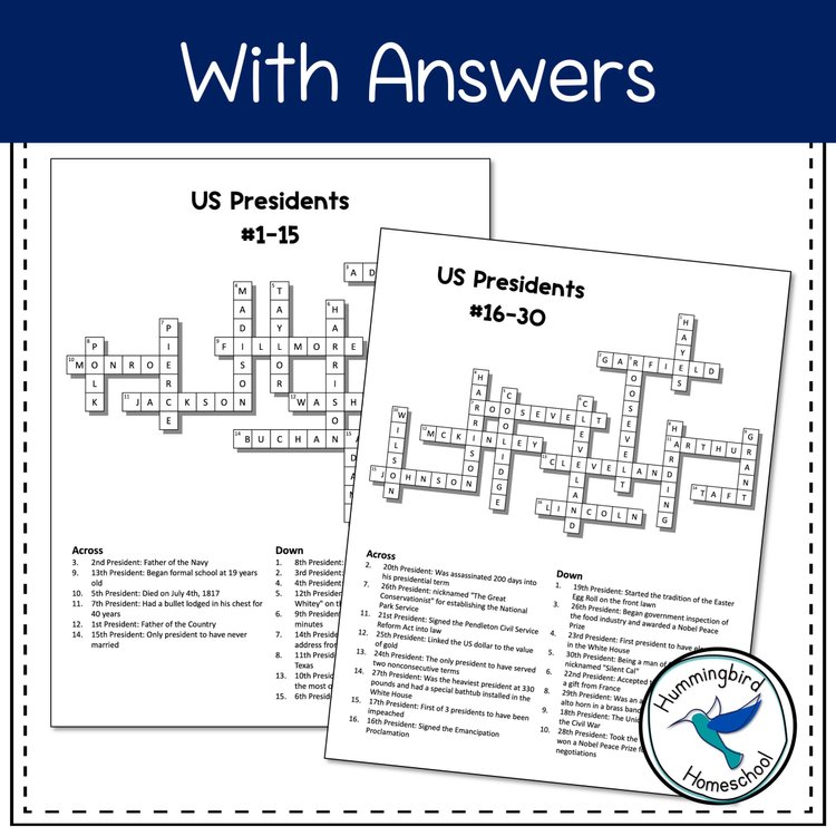 US Presidents Crossword Puzzles With Answers | Hummingbird Homeschool