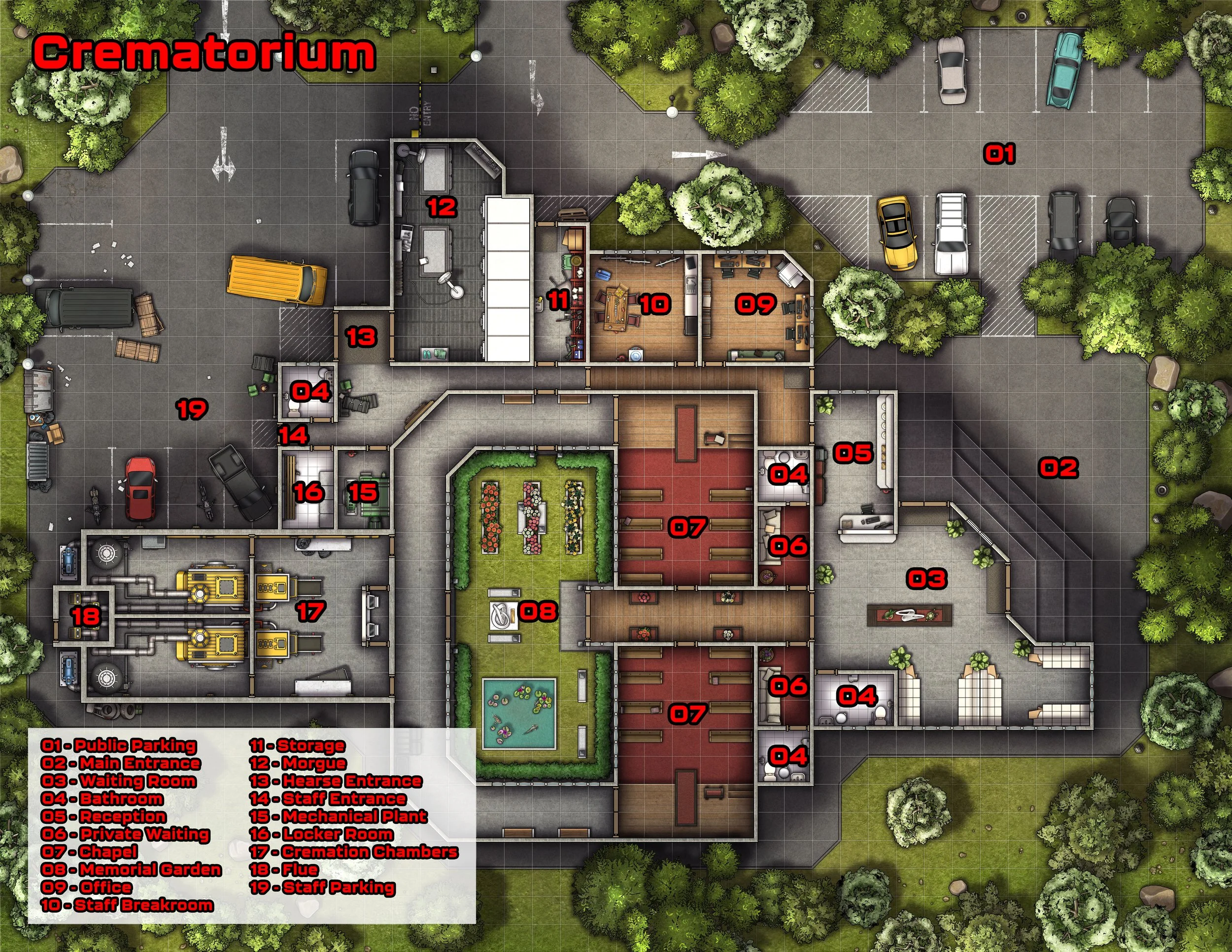 Free Modern Crematorium TTRPG Battlemaps — Tom Cartos