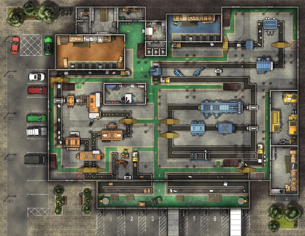 Free Modern Manufacturing Plant TTRPG Battlemaps — Tom Cartos