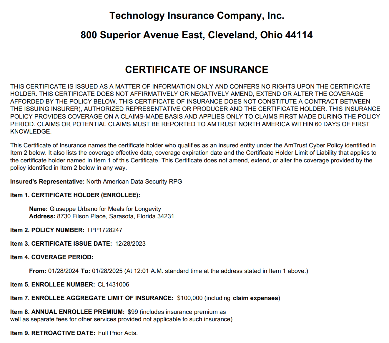 Our business insurance coverage and professional certifications for our ...