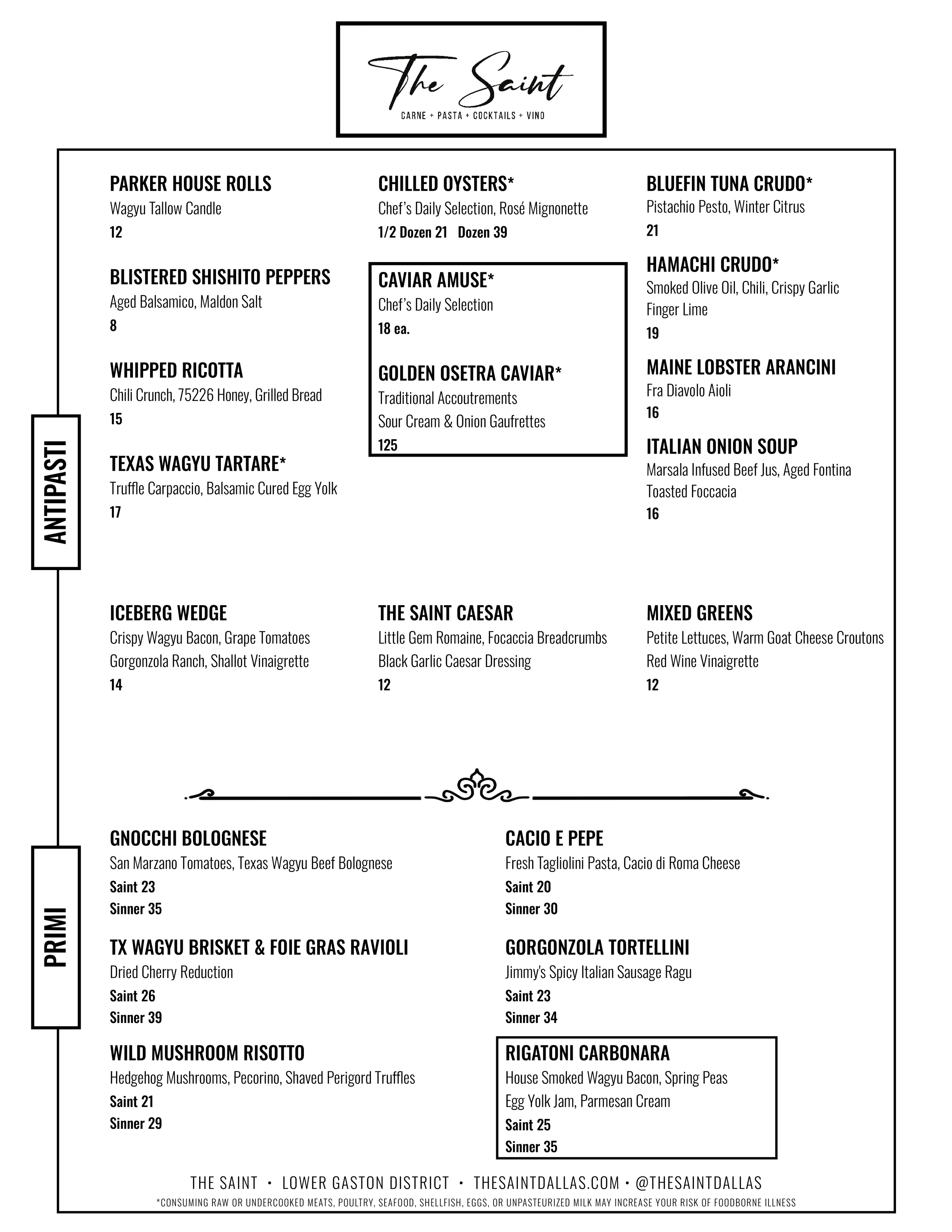 Dinner Menu — The Saint