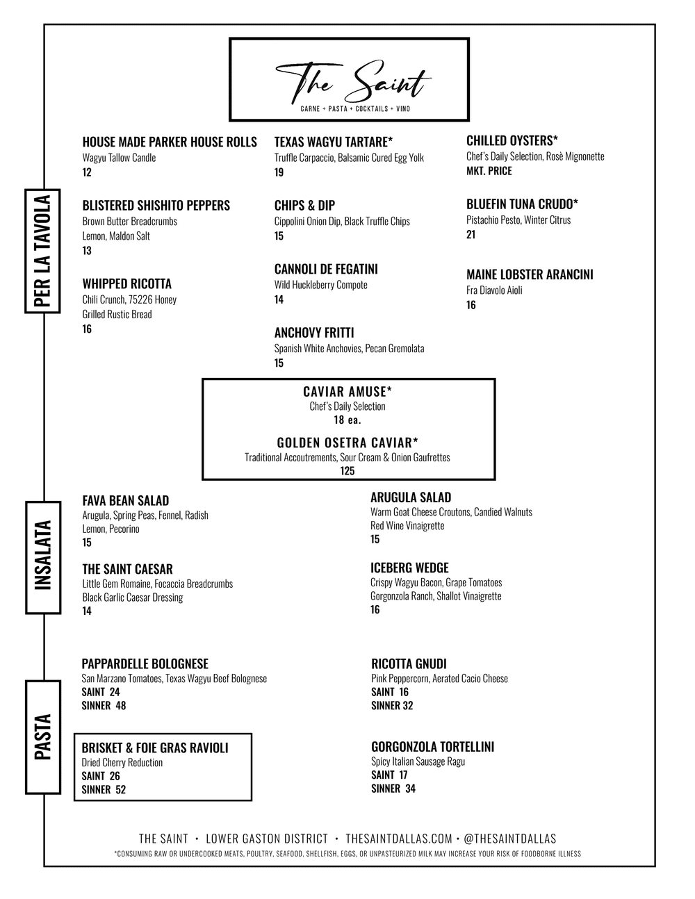 Dinner Menu — The Saint
