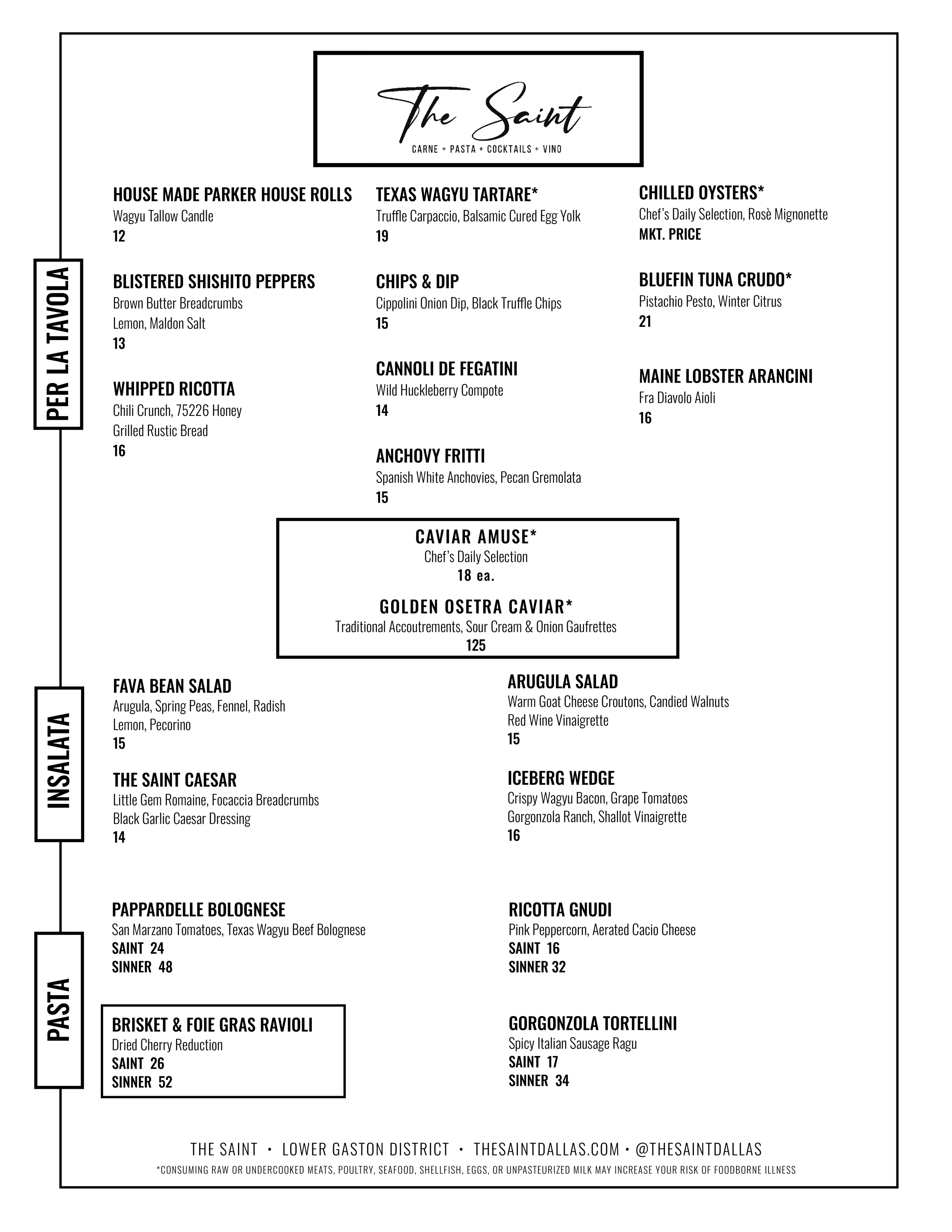 Dinner Menu — The Saint