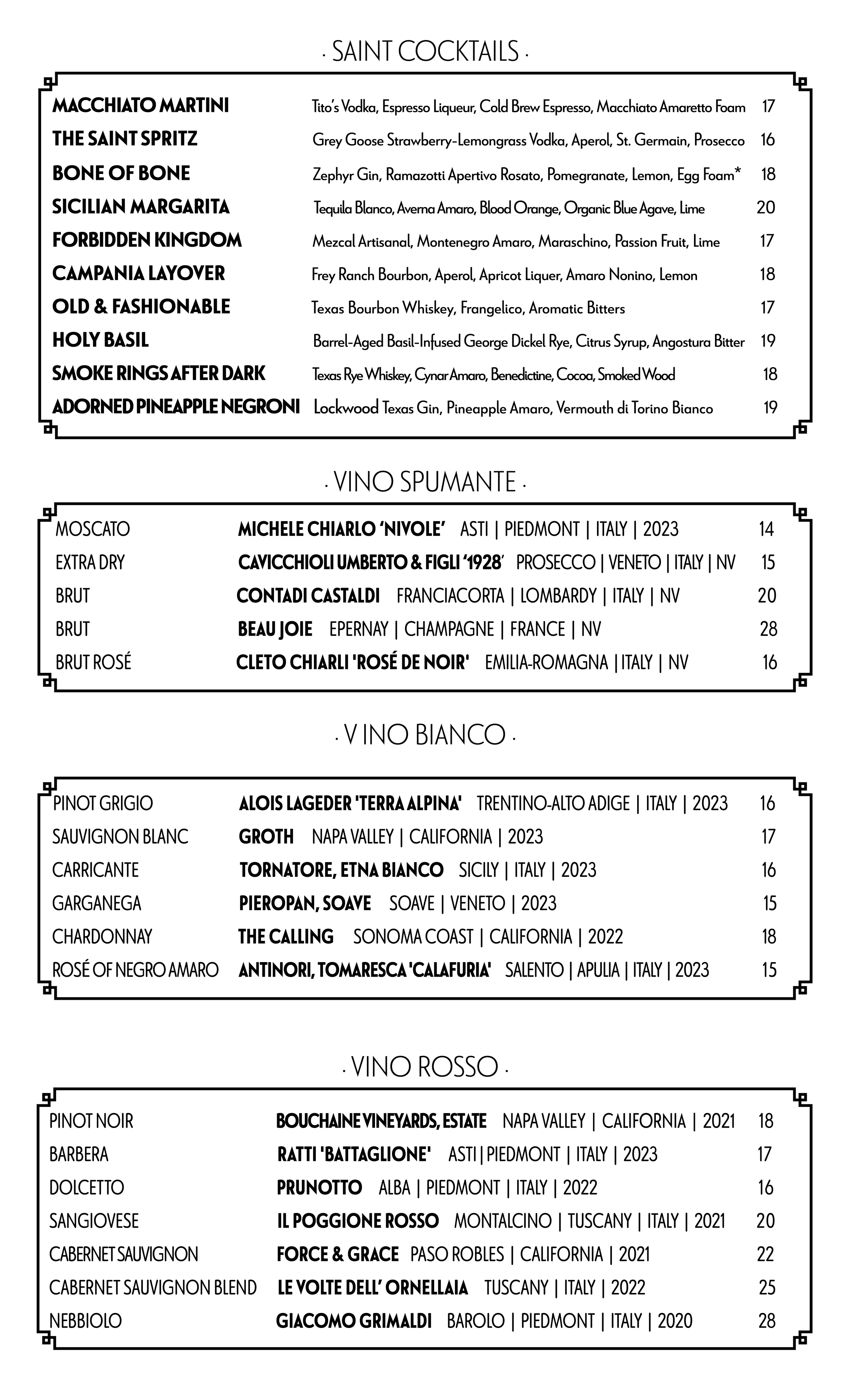 Dinner Menu — The Saint