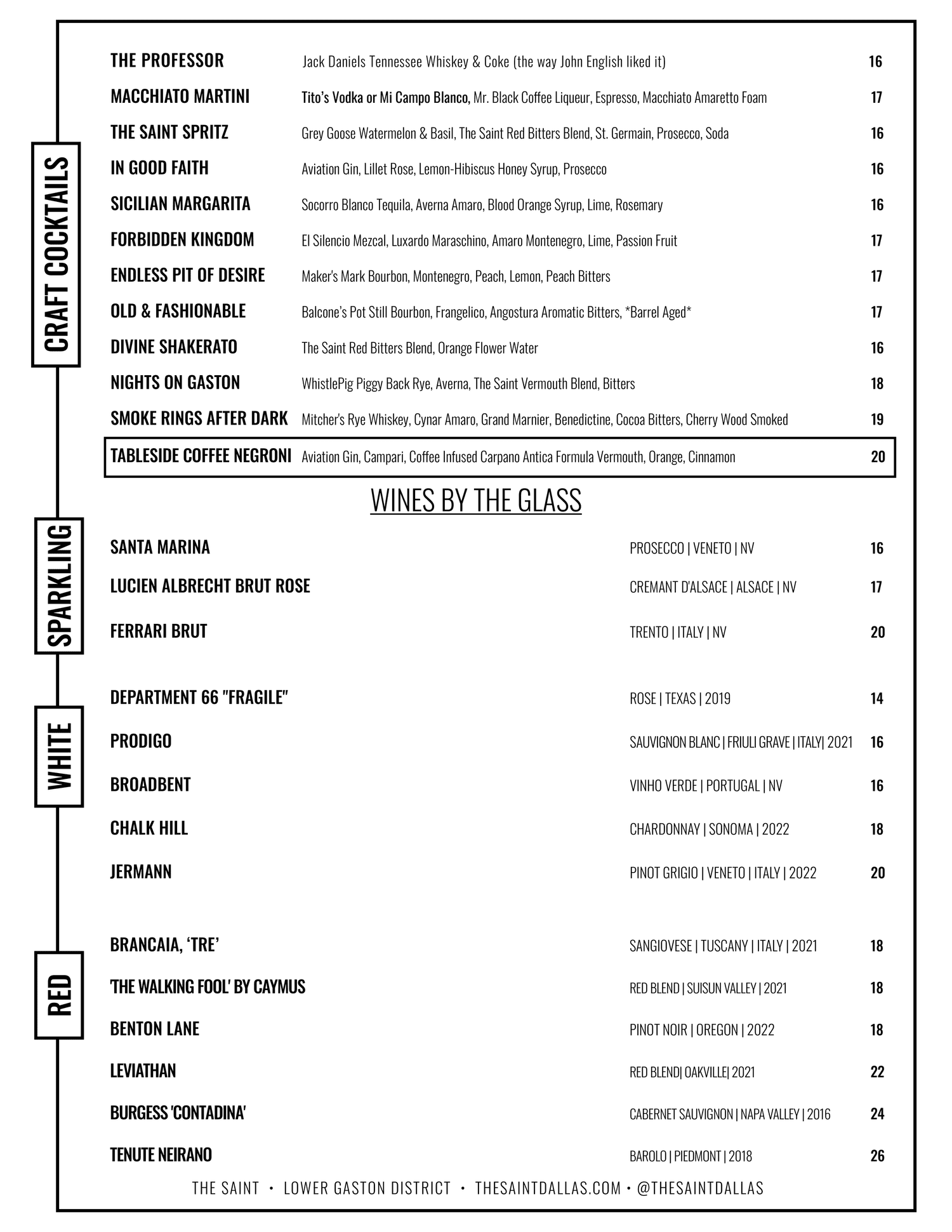 Dinner Menu — The Saint