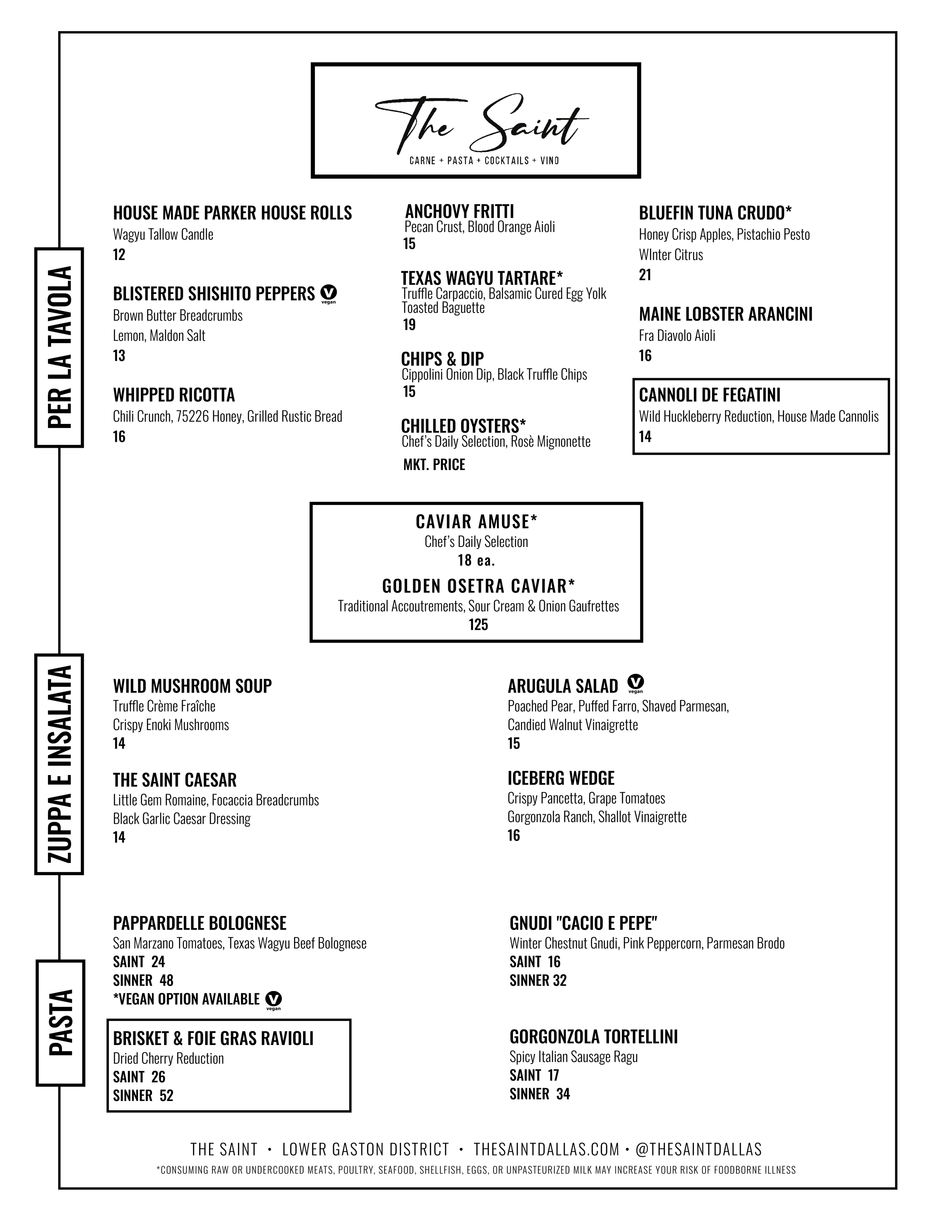 Dinner Menu — The Saint - Lower Gaston District