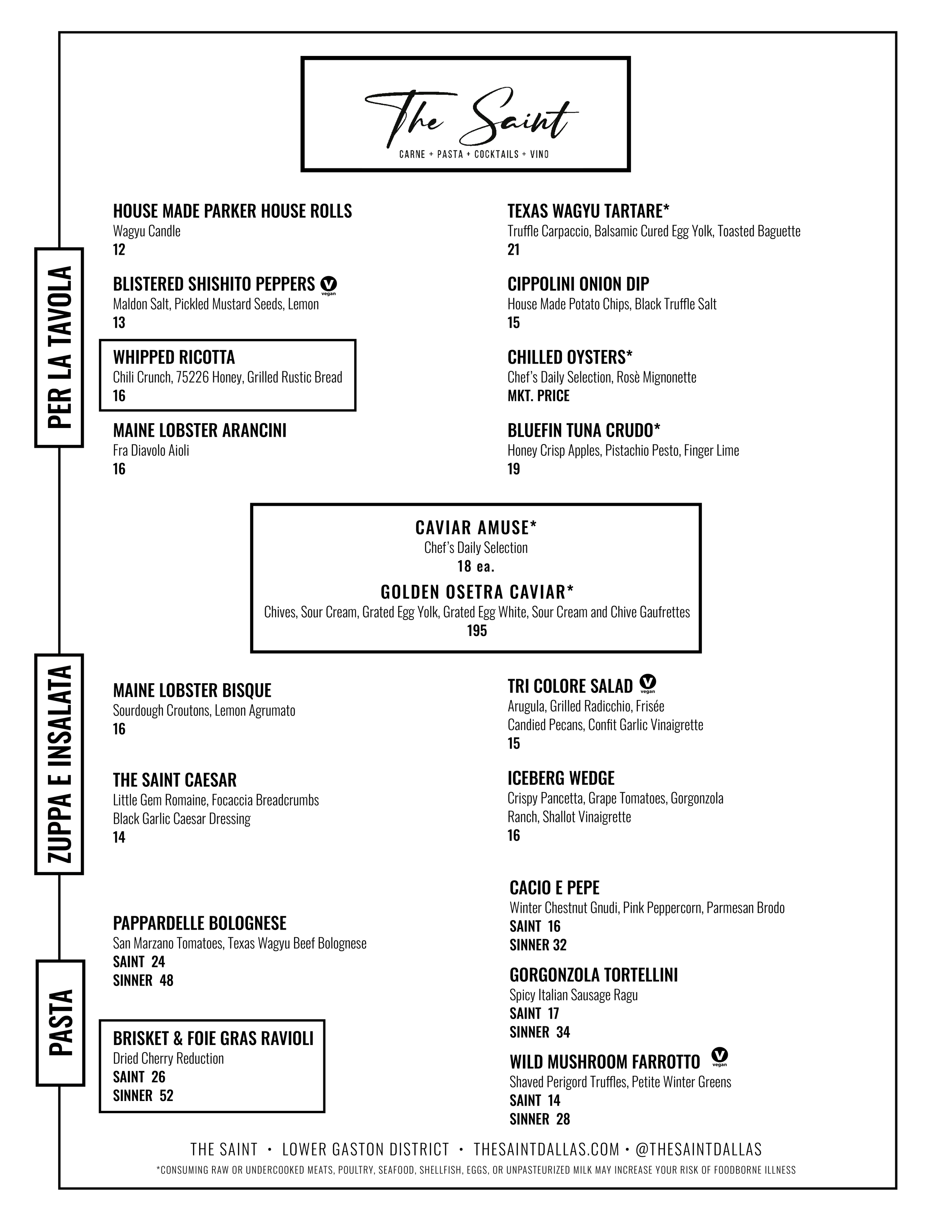 Dinner Menu — The Saint - Lower Gaston District