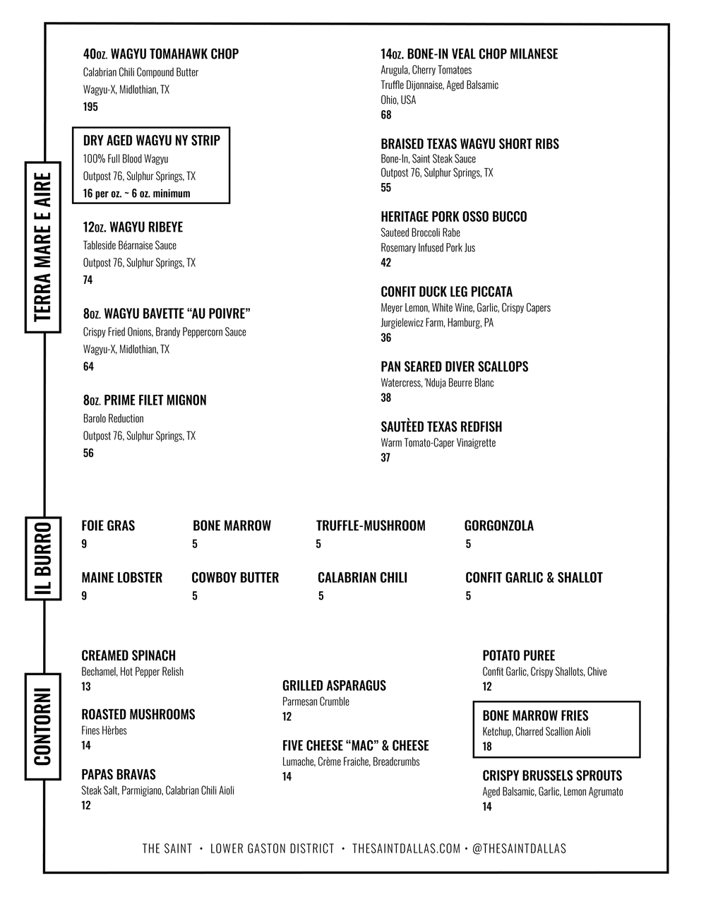 Dinner Menu — The Saint - Lower Gaston District