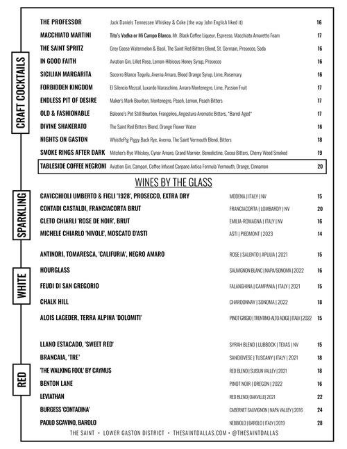 Dinner Menu — The Saint