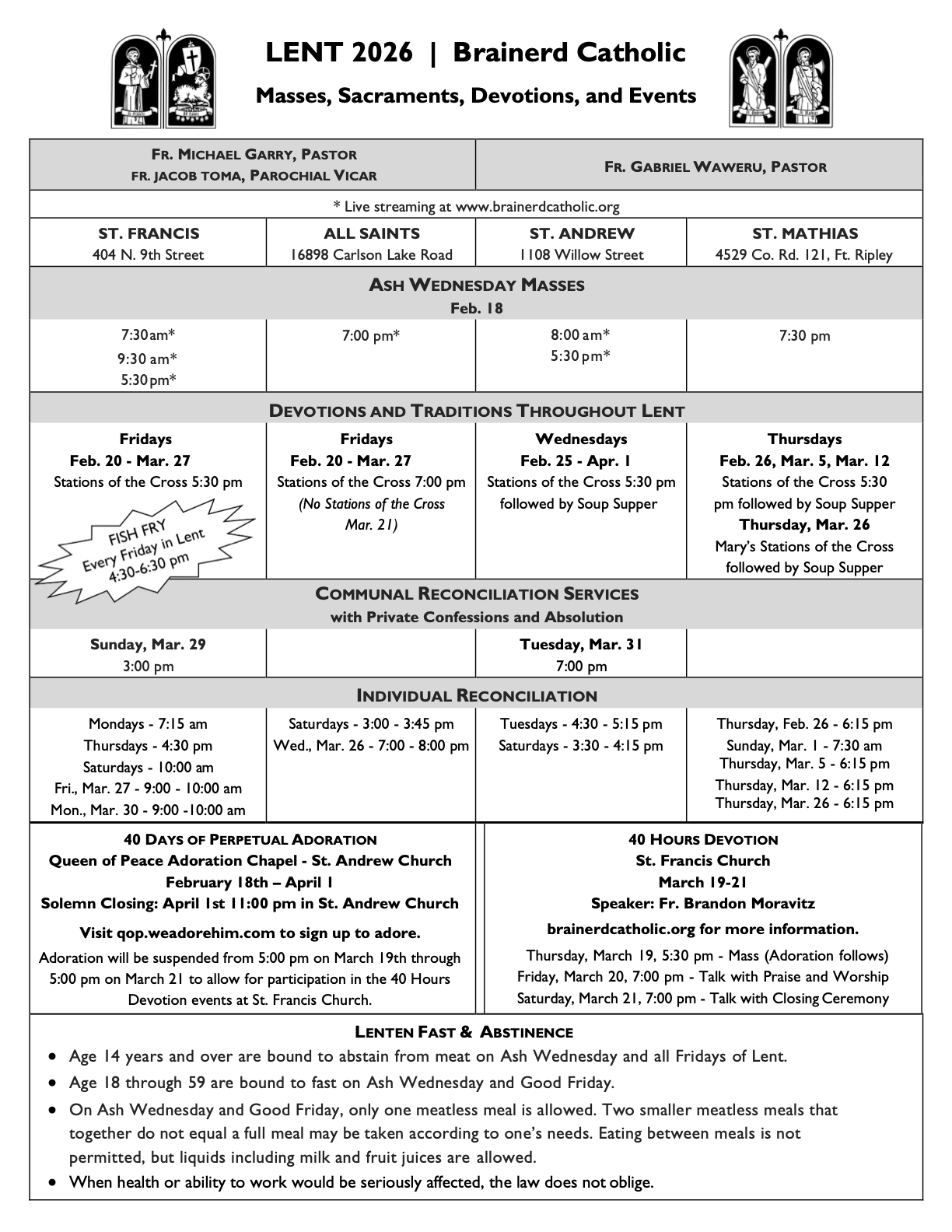 2026 Lent Schedule — Brainerd Catholic