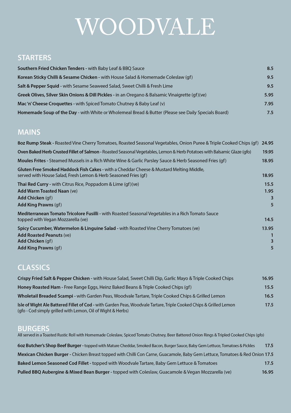 Menu 1 — the WOODVALE