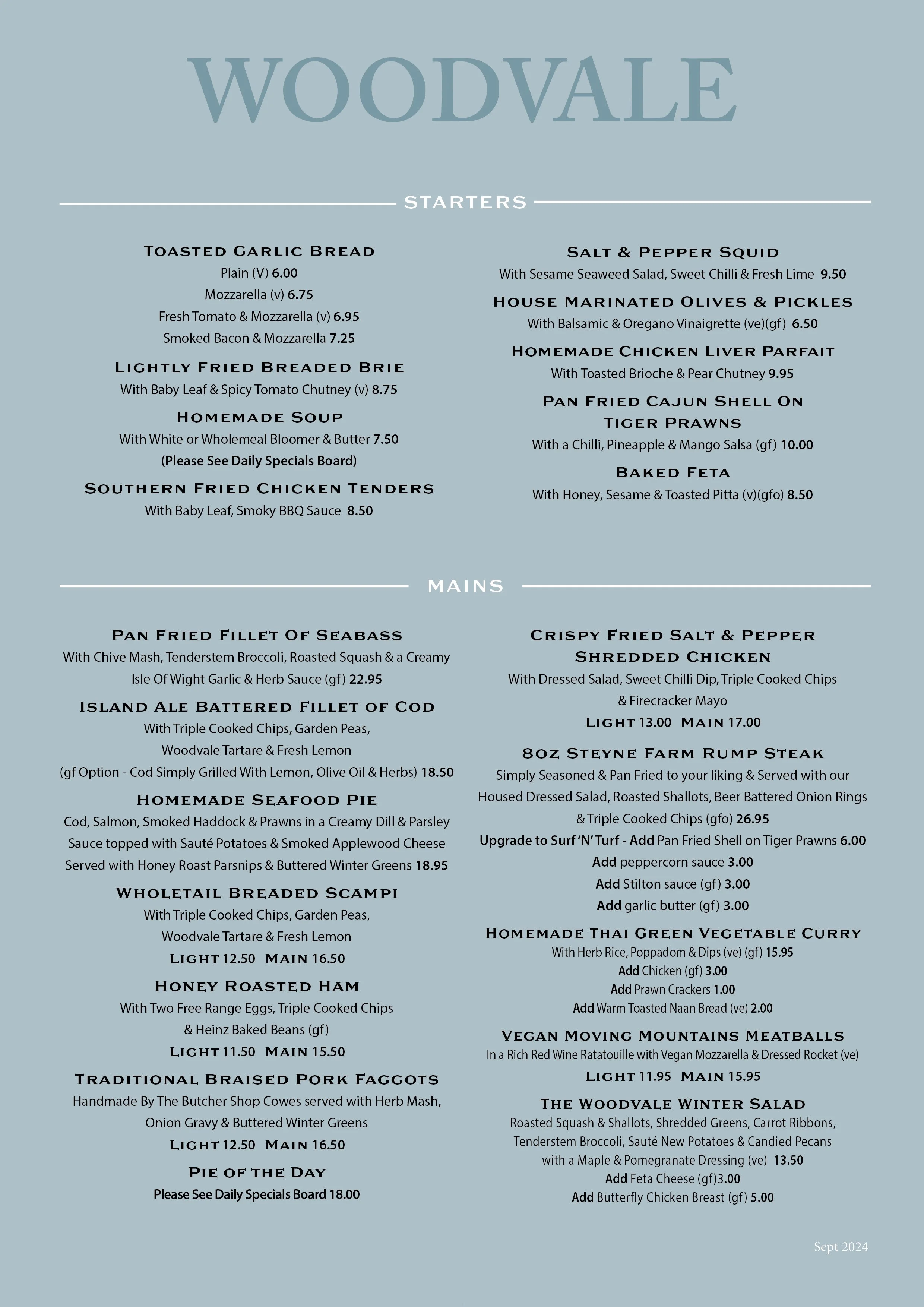 Menu 1 — the WOODVALE