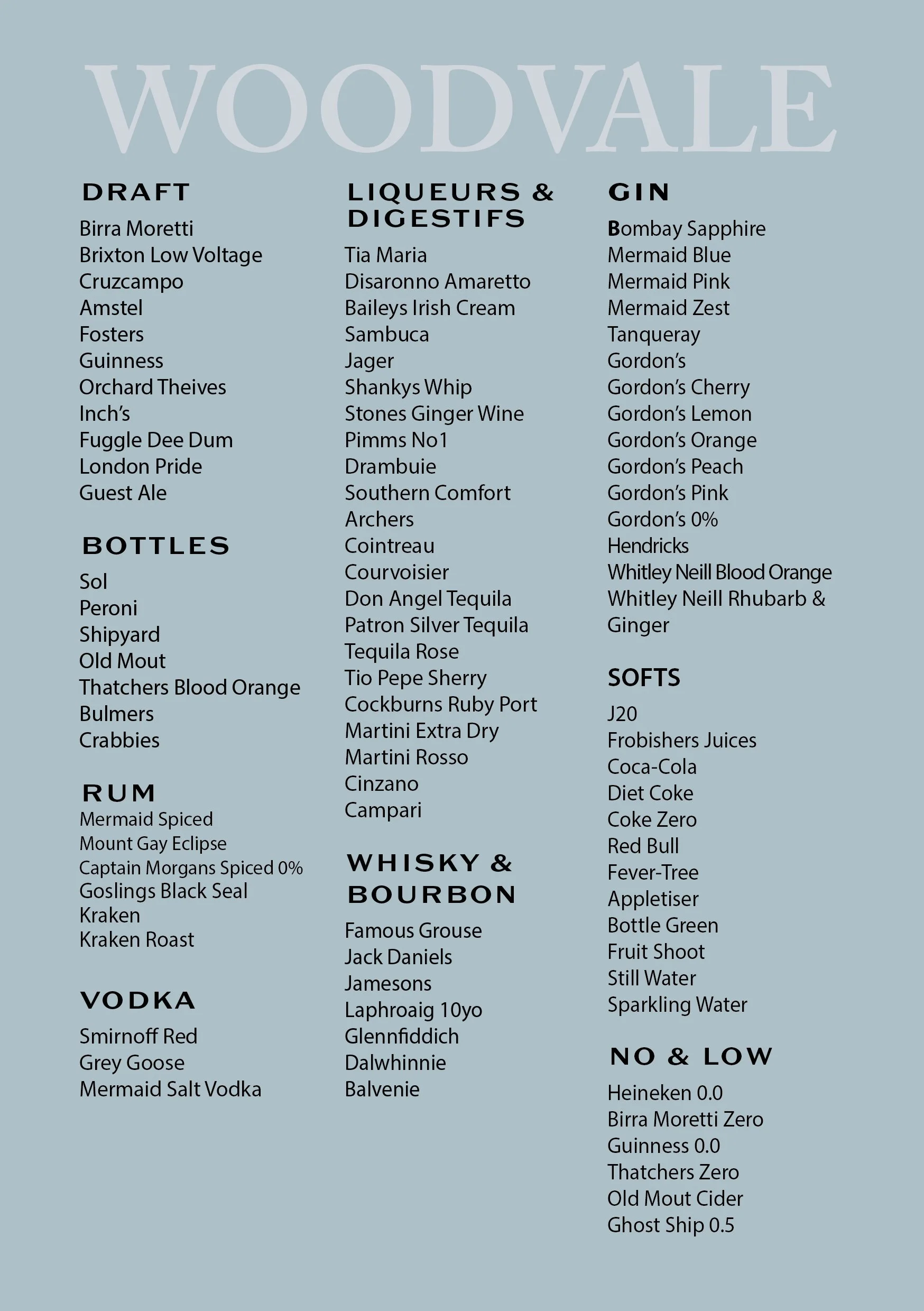 Menu 1 — the WOODVALE