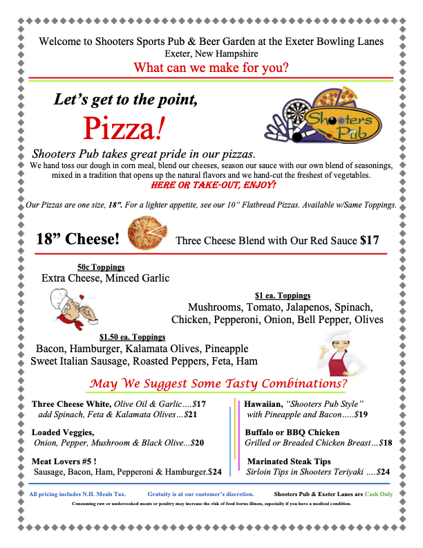 Menu — Shooters Sports Pub Exeter Bowling Lanes