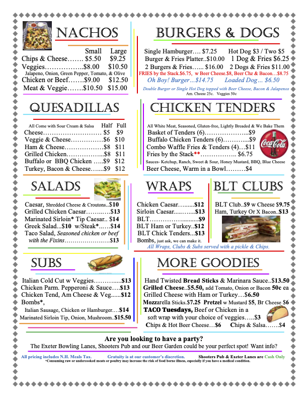 Menu — Shooters Sports Pub Exeter Bowling Lanes