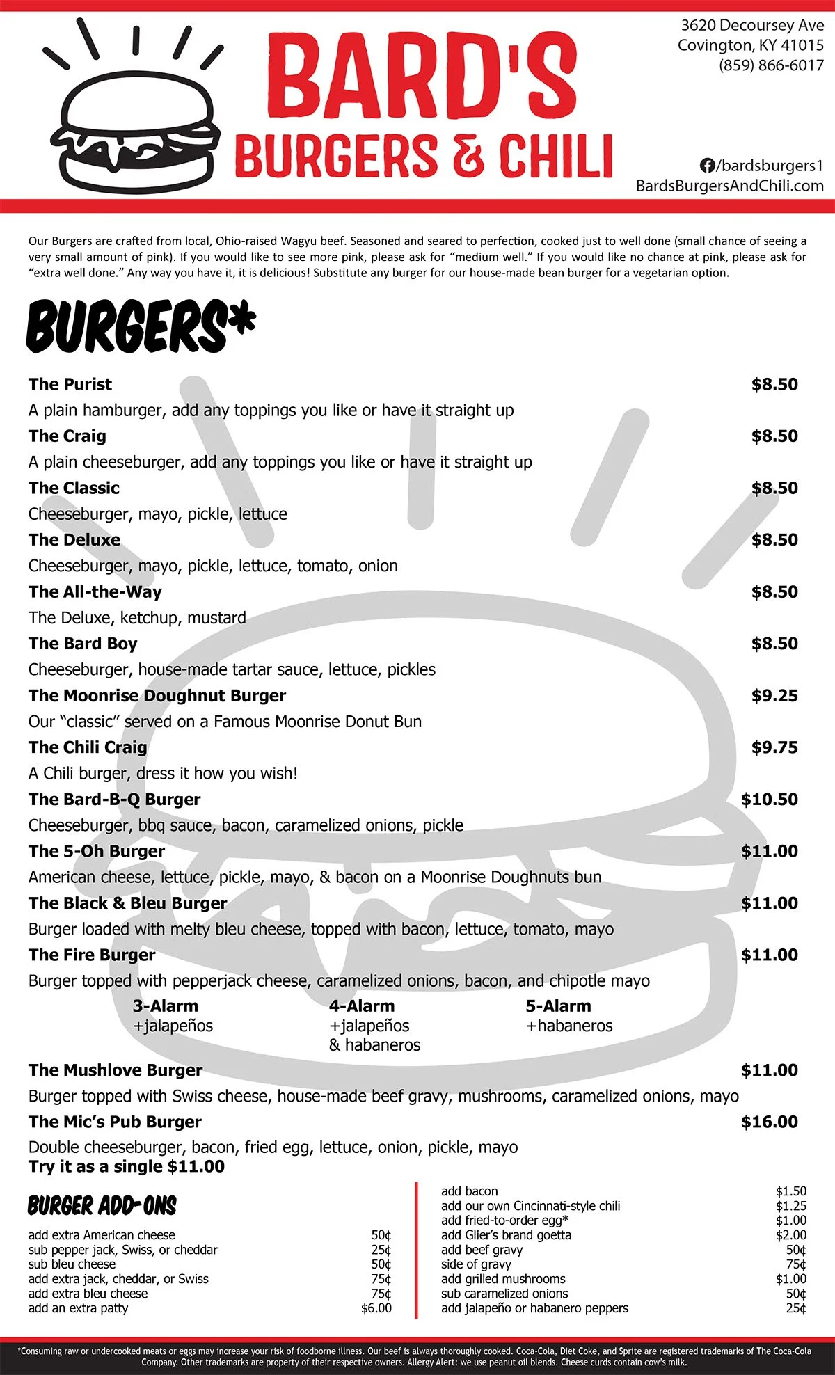 Menu — Bard's Burgers & Chili