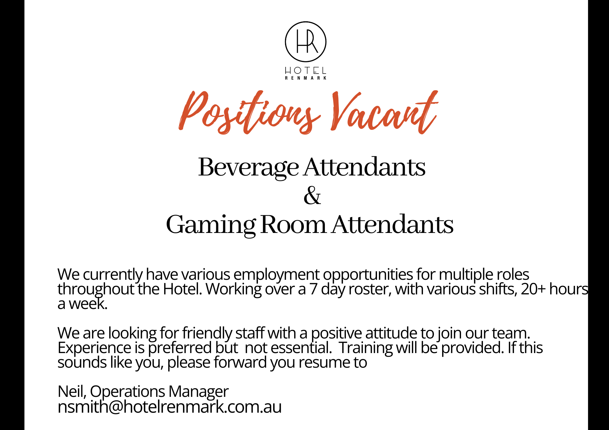 Job Opportunities — Hotel Renmark