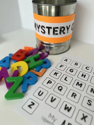 Mystery Can Alphabet Review Game [free download] — My Preschool Place