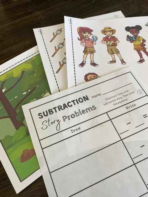 Camping Subtraction Stories Math Mat — My Preschool Place