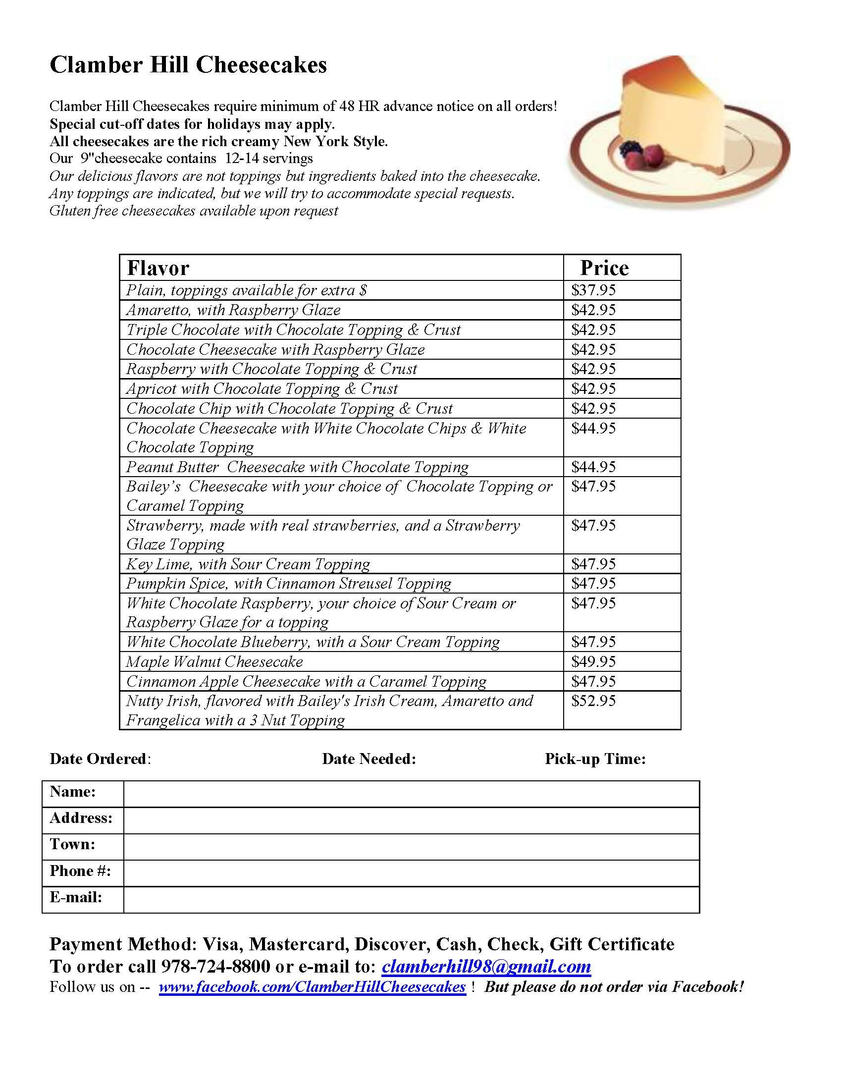 Cheesecake Order Form — clamberhill.com