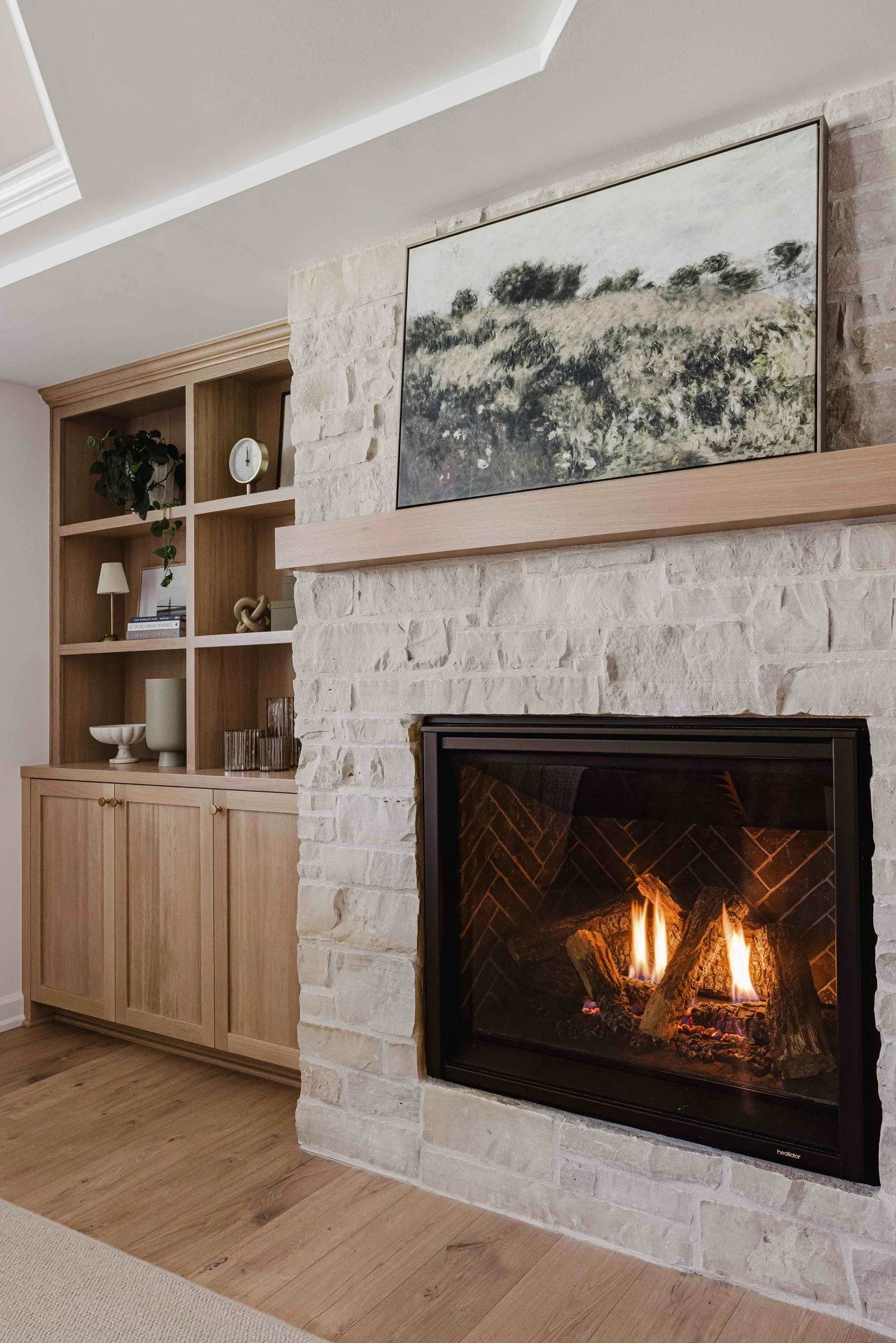 Sean's Cabinetry | Asymmetrical Fireplace with Shelves and Cabinets
