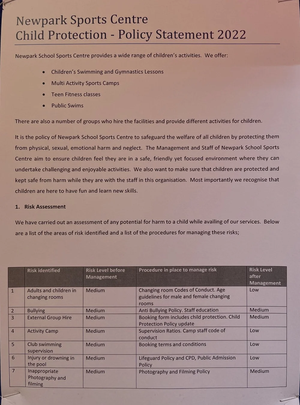 Child Protection Statement — Newpark Sports Centre