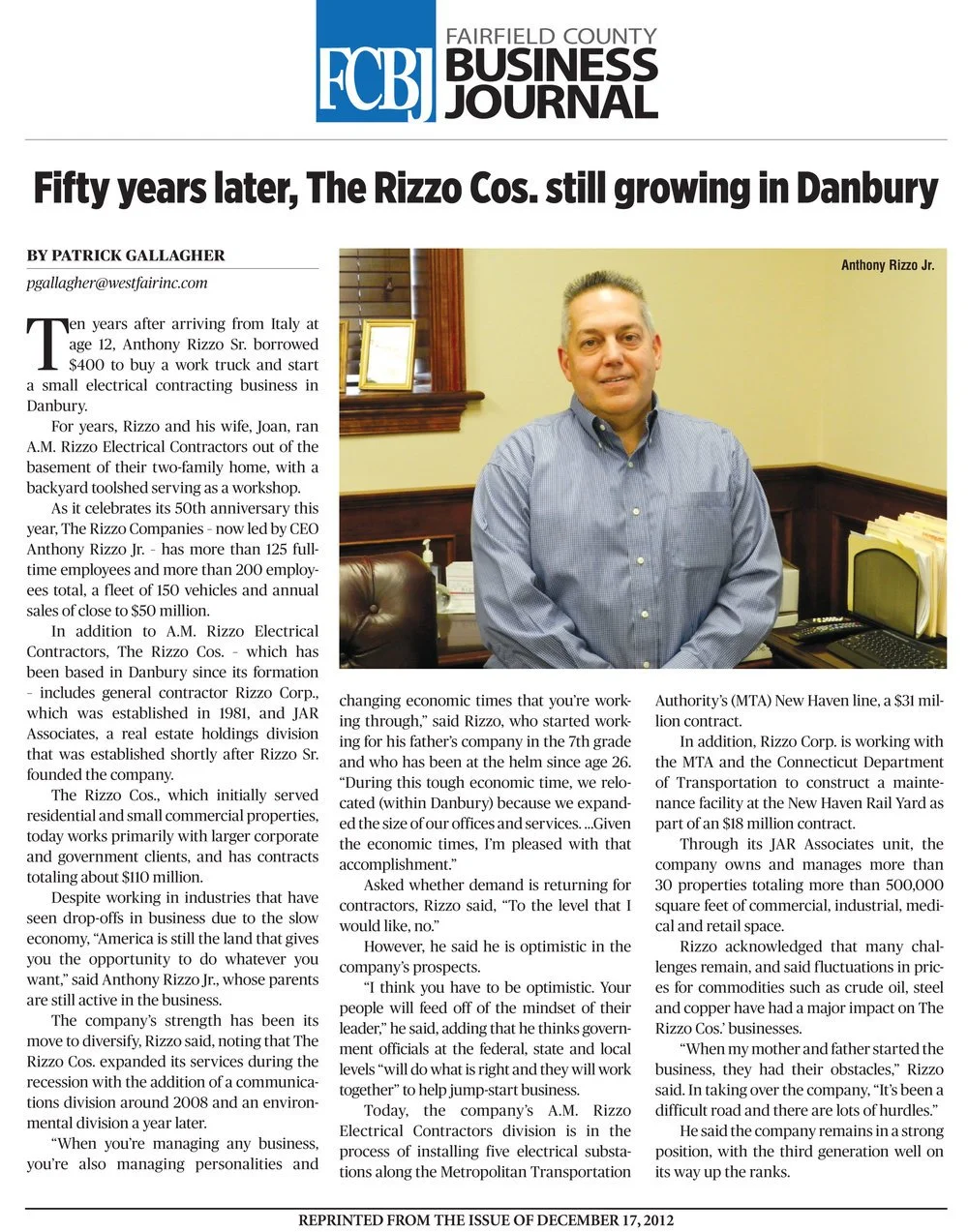 Fairfield County Business Journal Highlights Rizzo’s 50th Anniversary ...