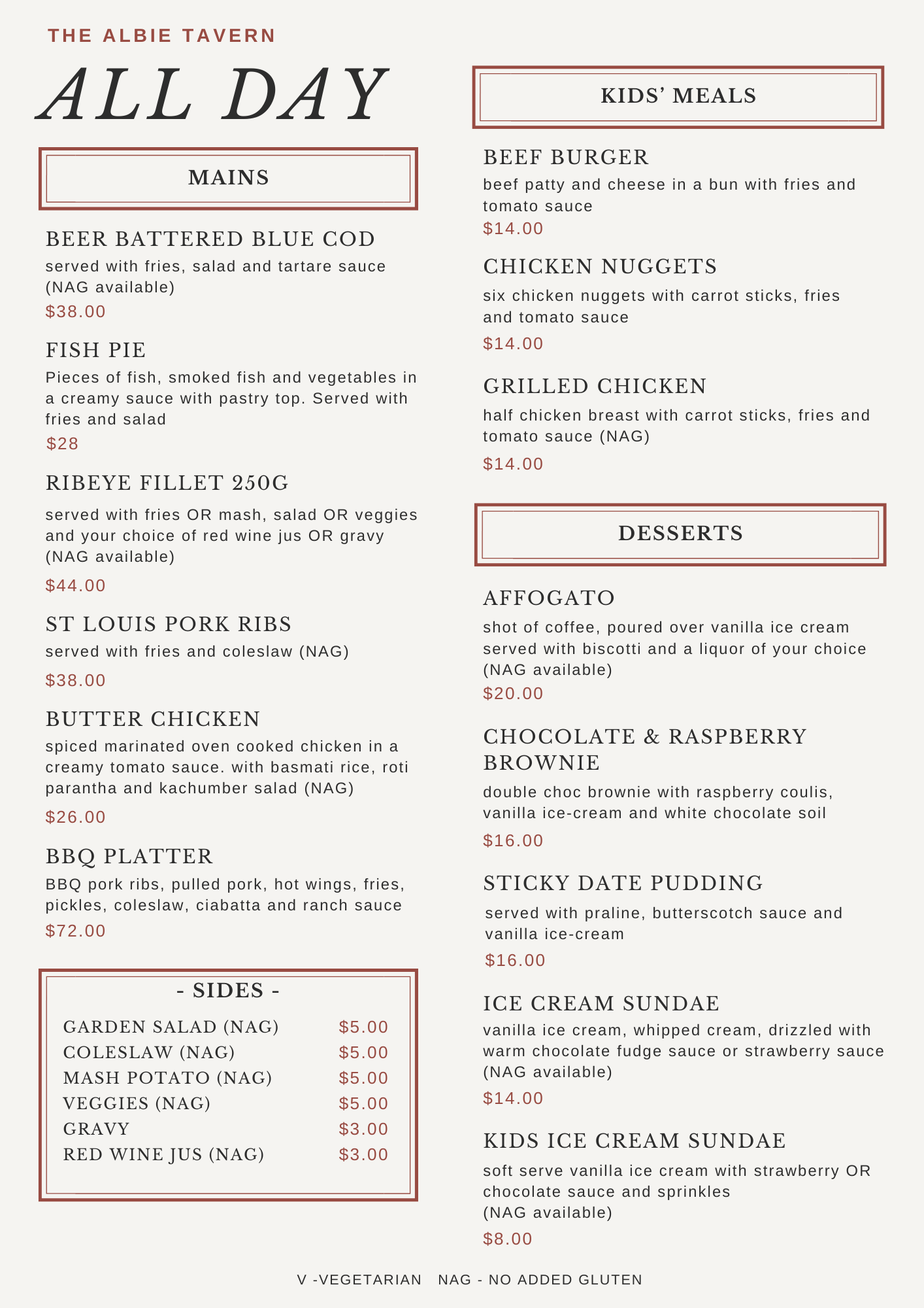 Dine in and Takeaway Menus — The Albie Tavern