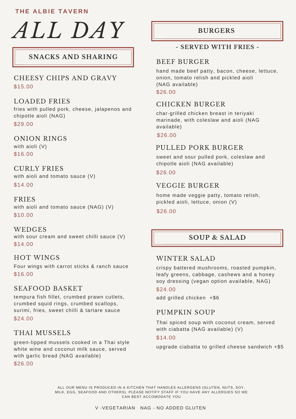 Dine in and Takeaway Menus — The Albie Tavern