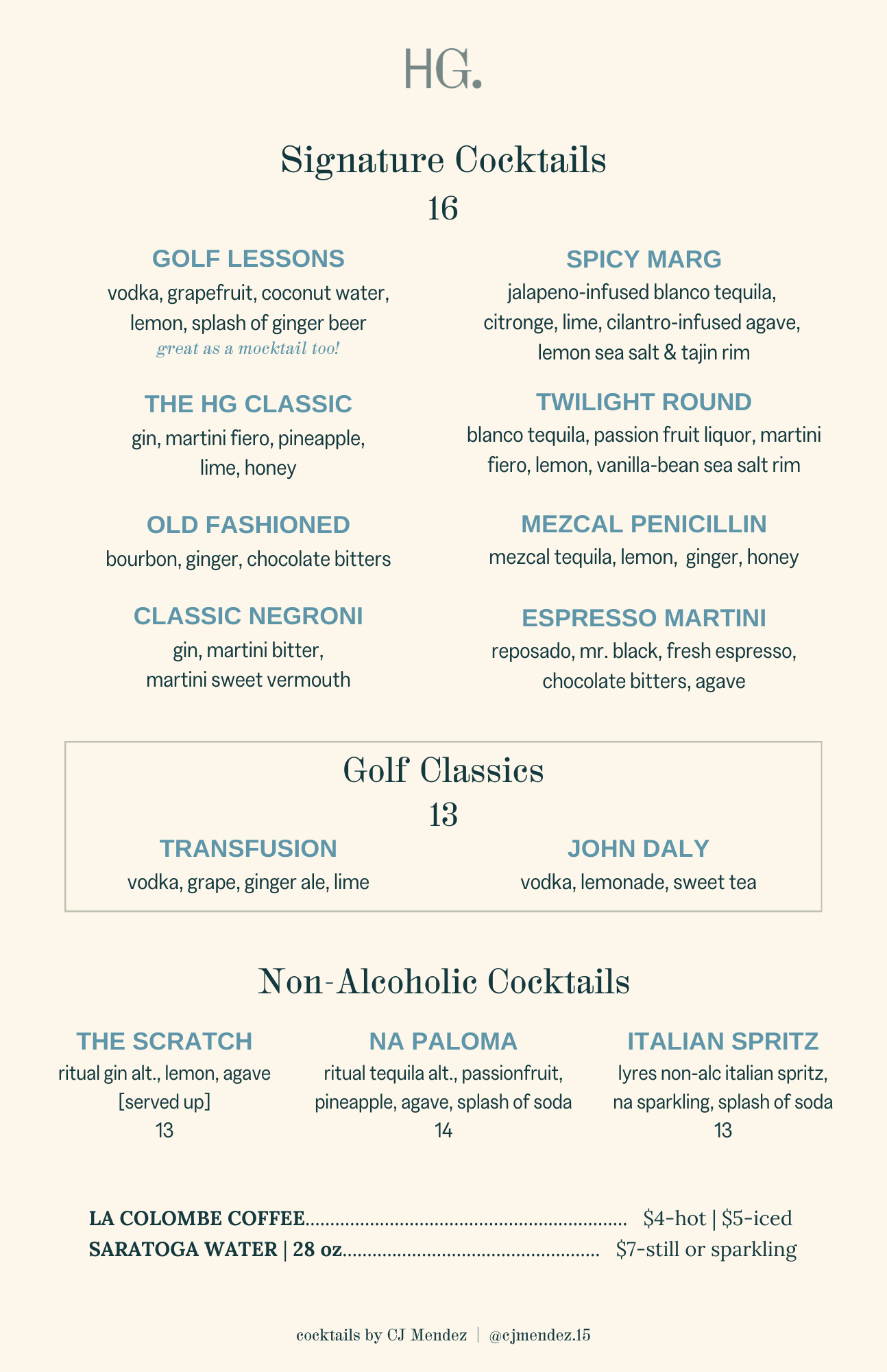 Hudson Golf — Menu