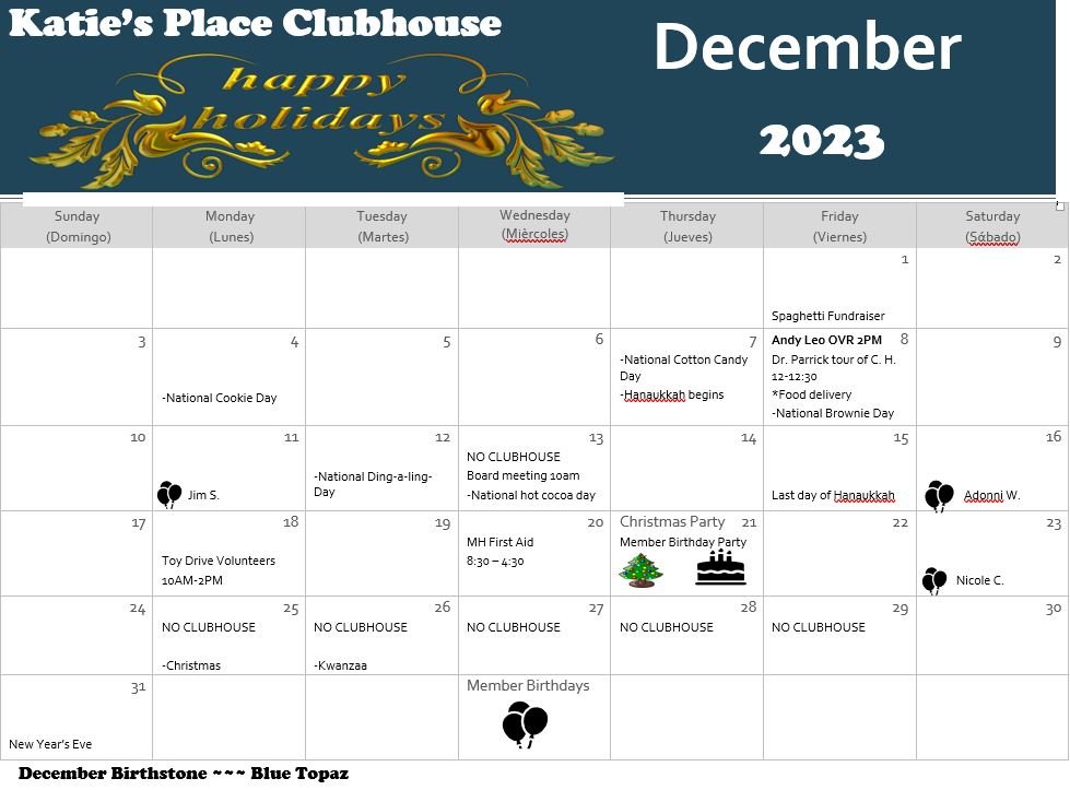 Clubhouse Calendar — Katie's Place Clubhouse