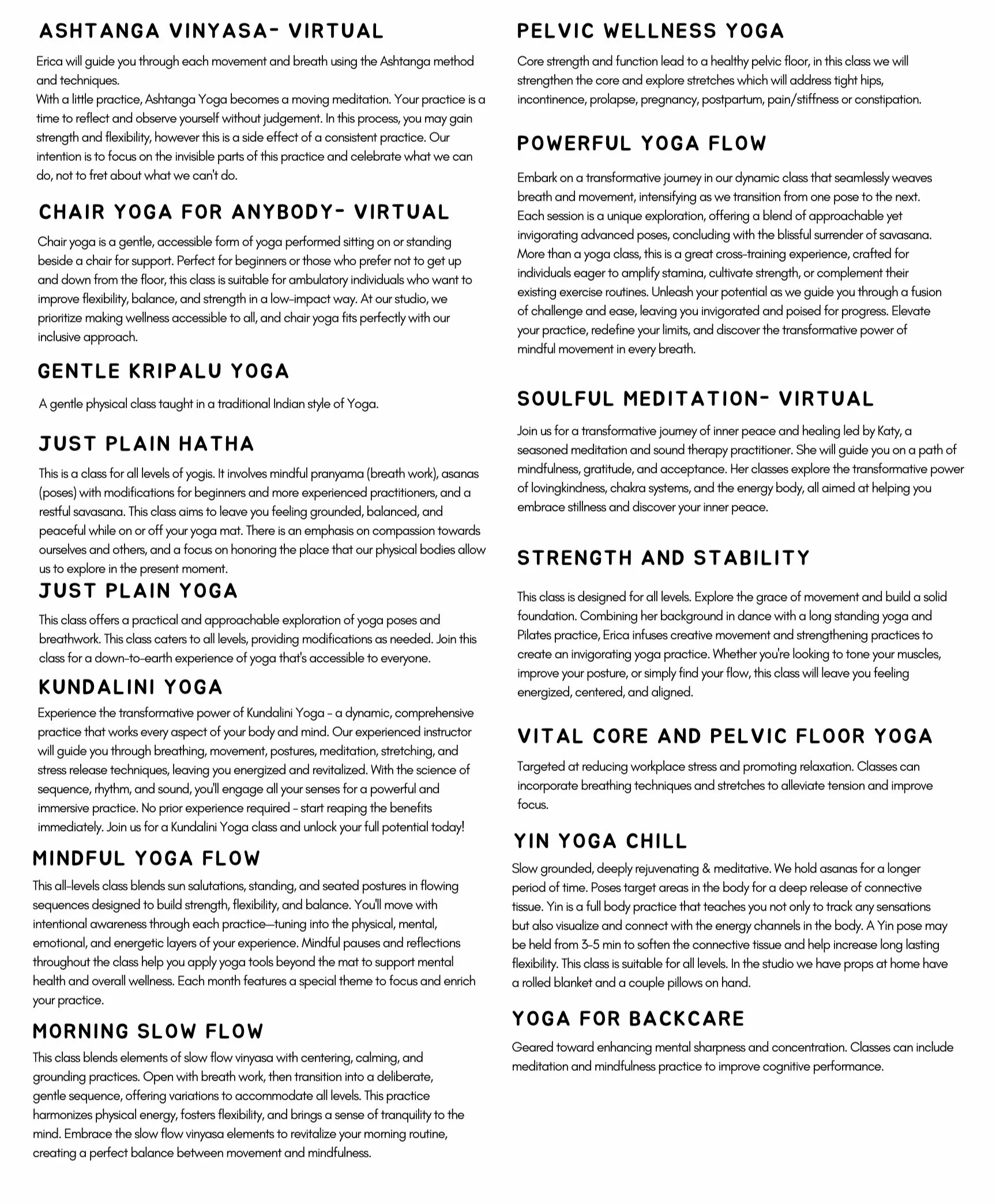 Description of Classes