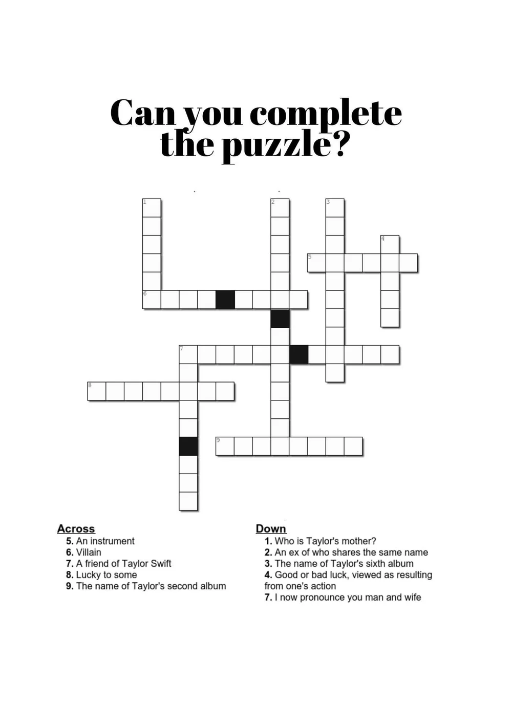 Taylor Swift Crosswords — Weeno Social | Party Planning Made Easy