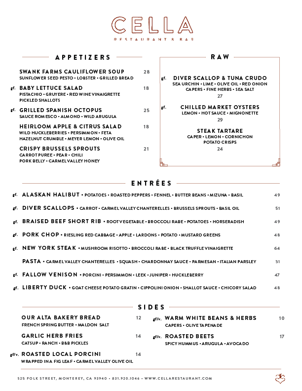 Menu — Cella Restaurant