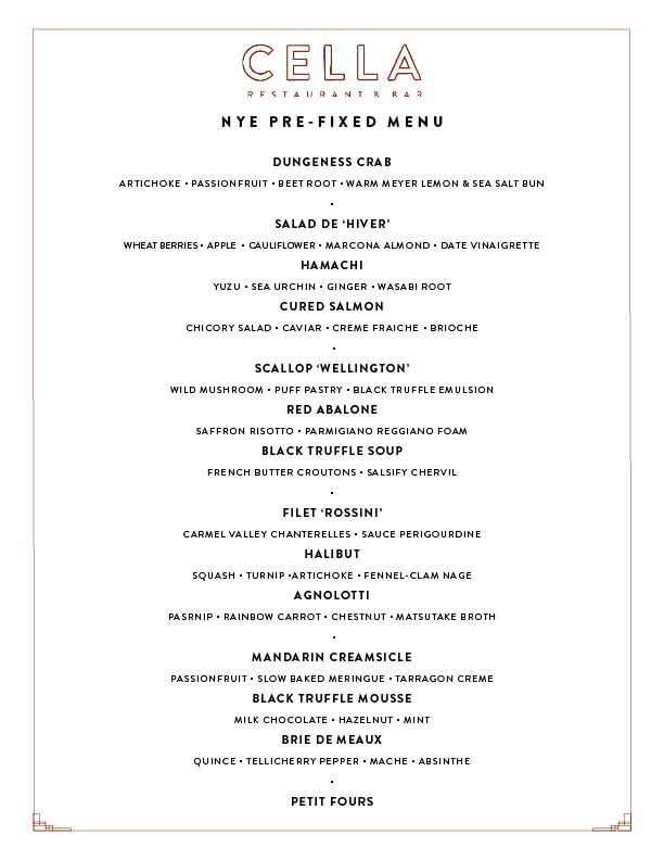 Menu — Cella Restaurant