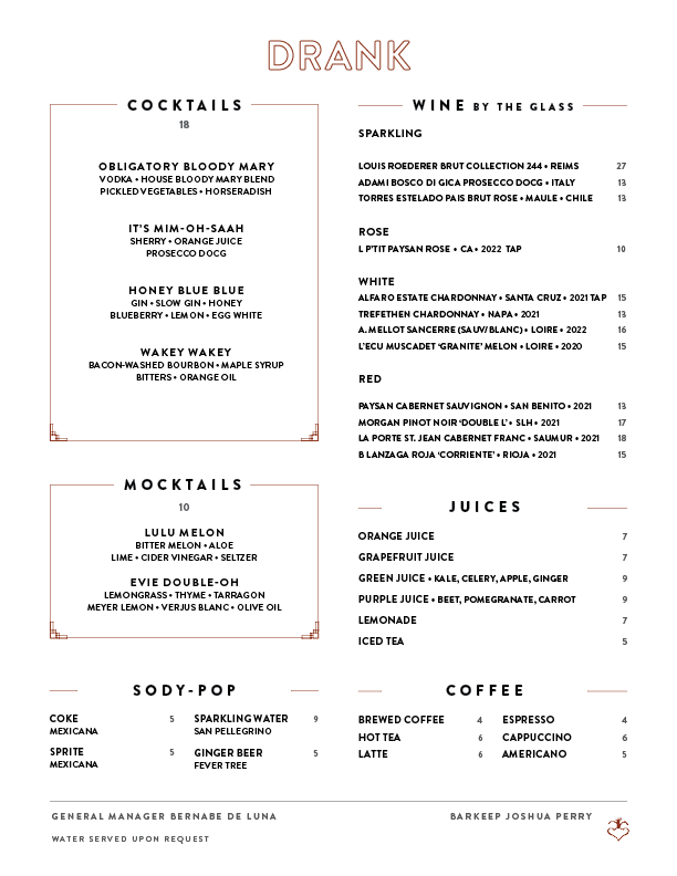 Menu — Cella Restaurant