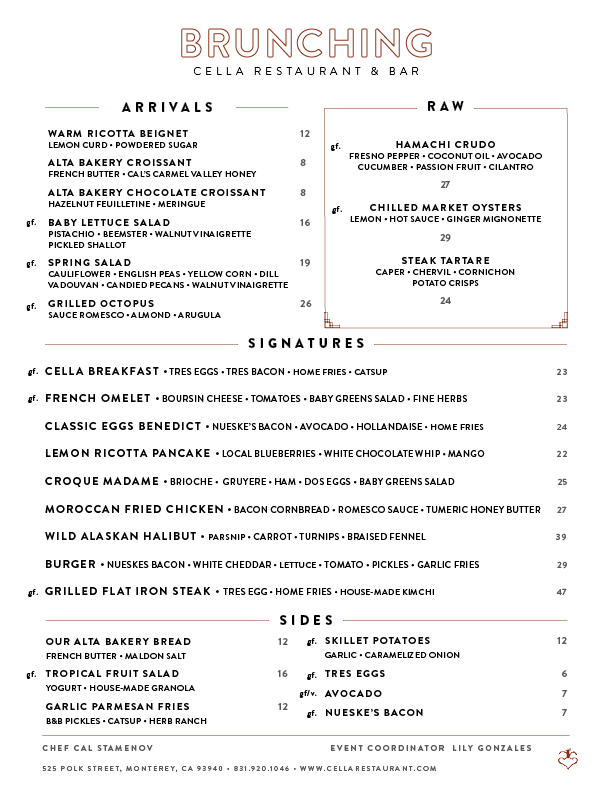 Menu — Cella Restaurant