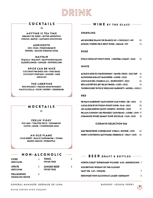 Menu — Cella Restaurant