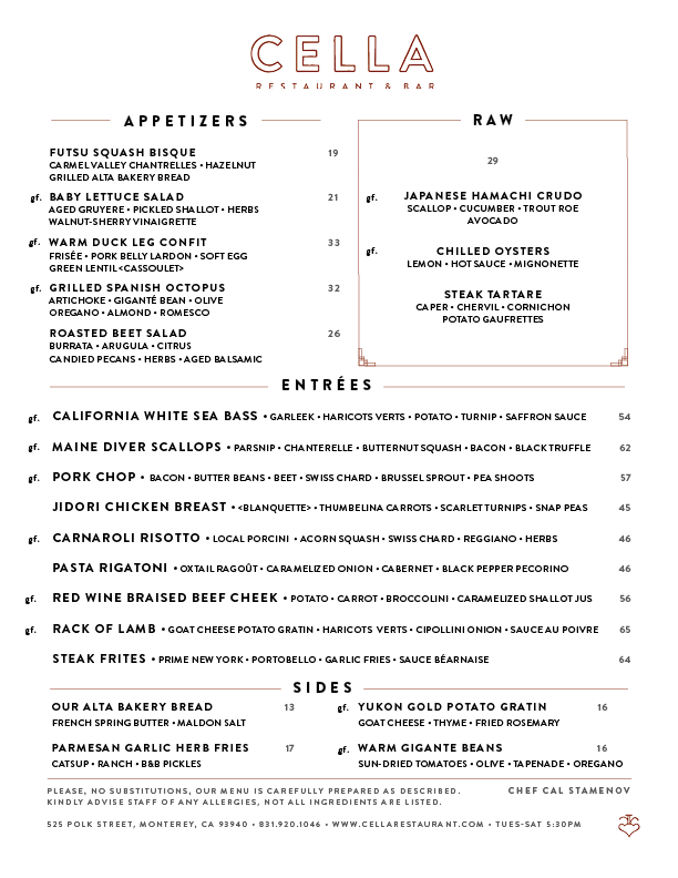 Menu — Cella Restaurant
