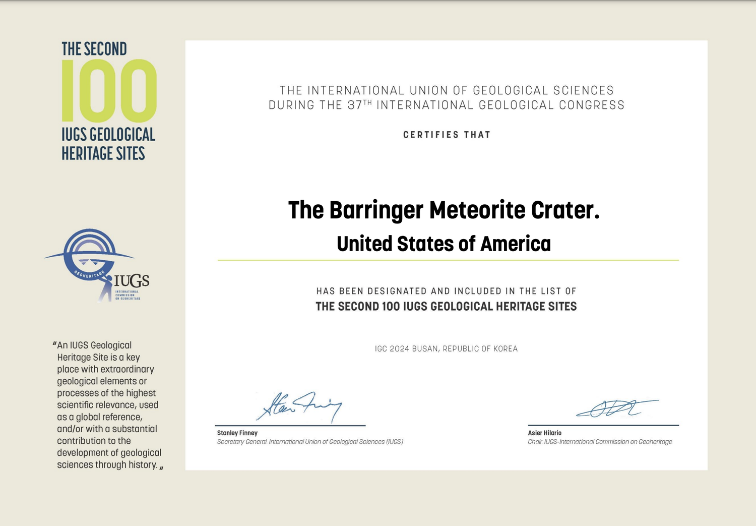 Barringer Crater: World Geoheritage Site — The Barringer Crater Company