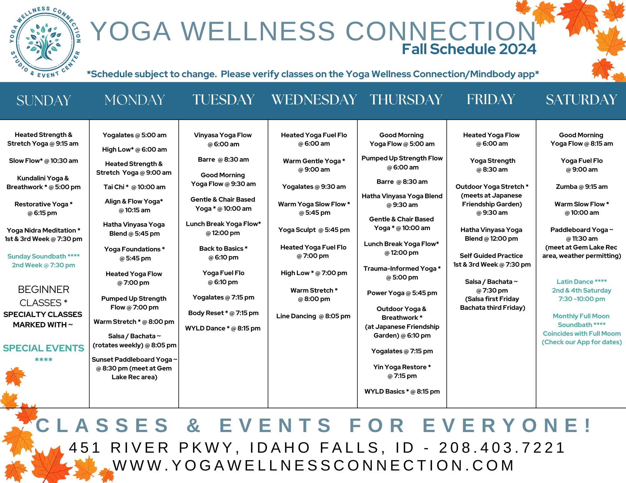 Class Schedule — Yoga Wellness Connection