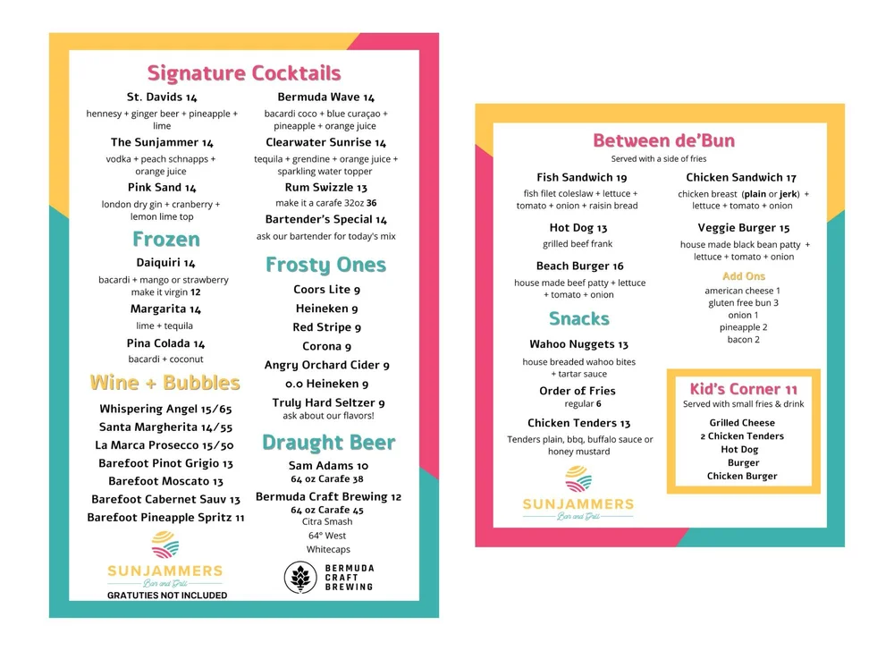 Menu — Sunjammers Bermuda