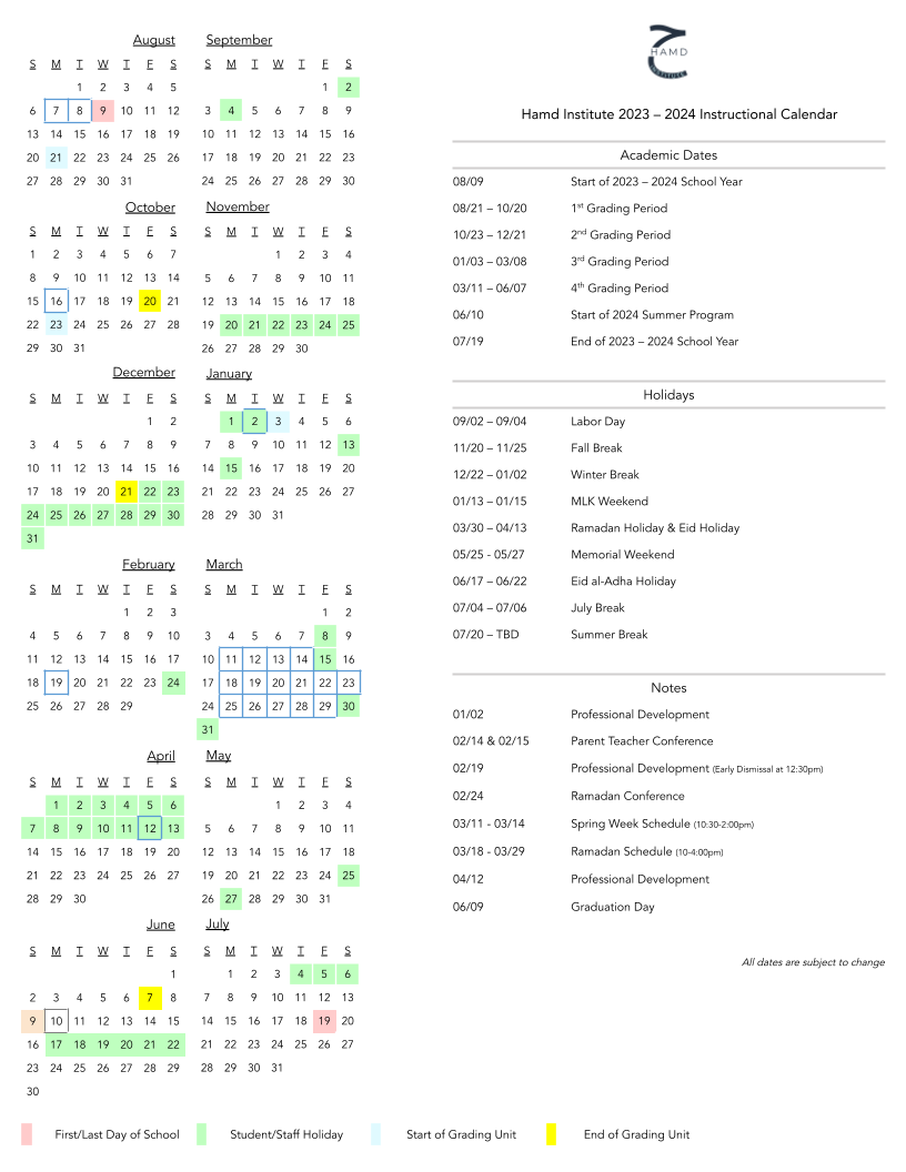 Academic Calendar — Hamd Institute