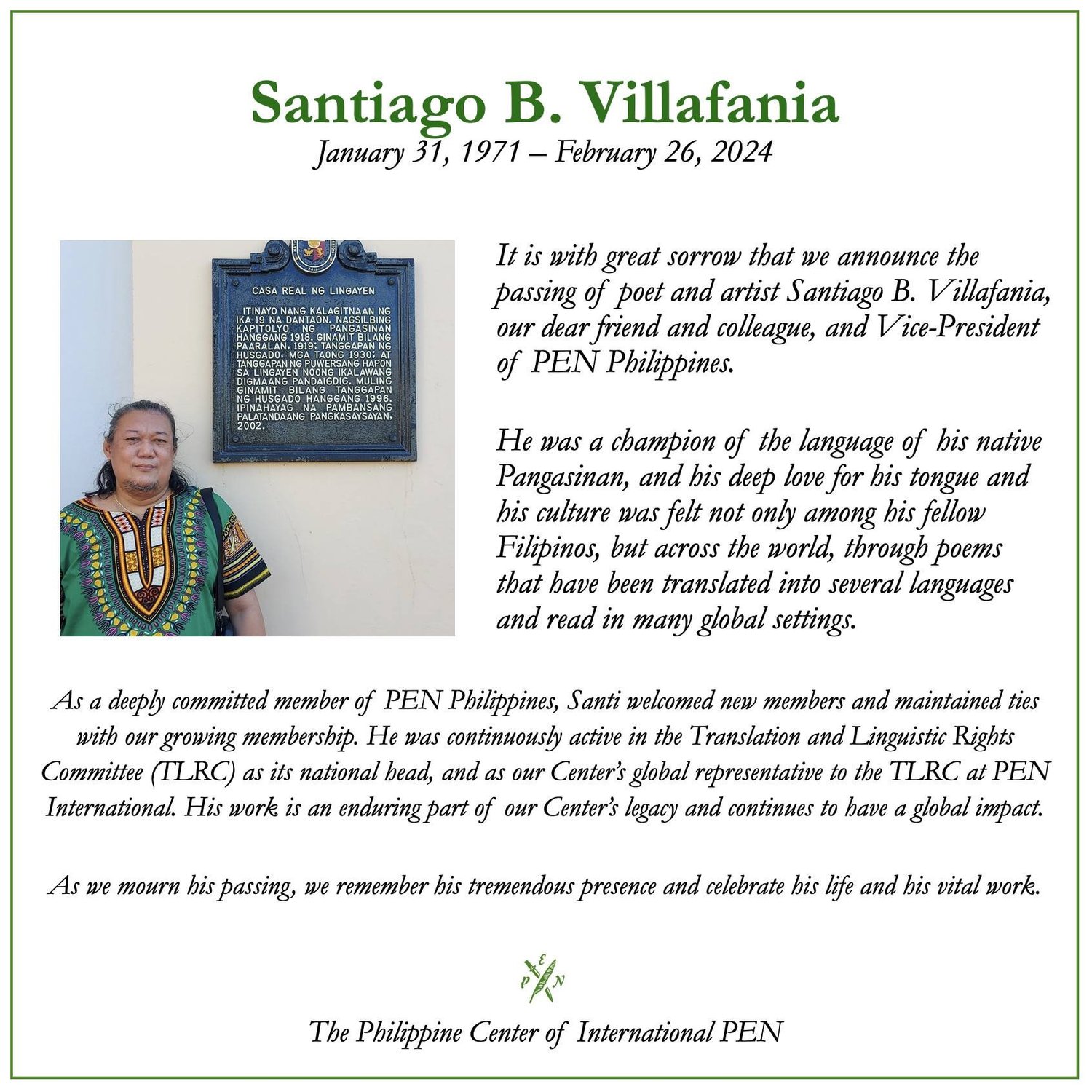 Philippines: PEN mourns the passing of poet and PEN Philippines member ...