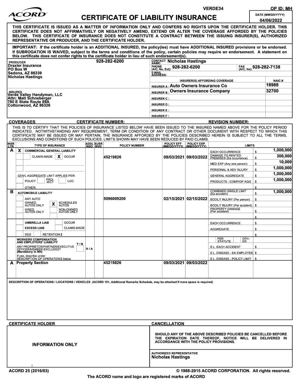 License & Insurance Bond and Workers Comp — Verde Valley Handyman LLC