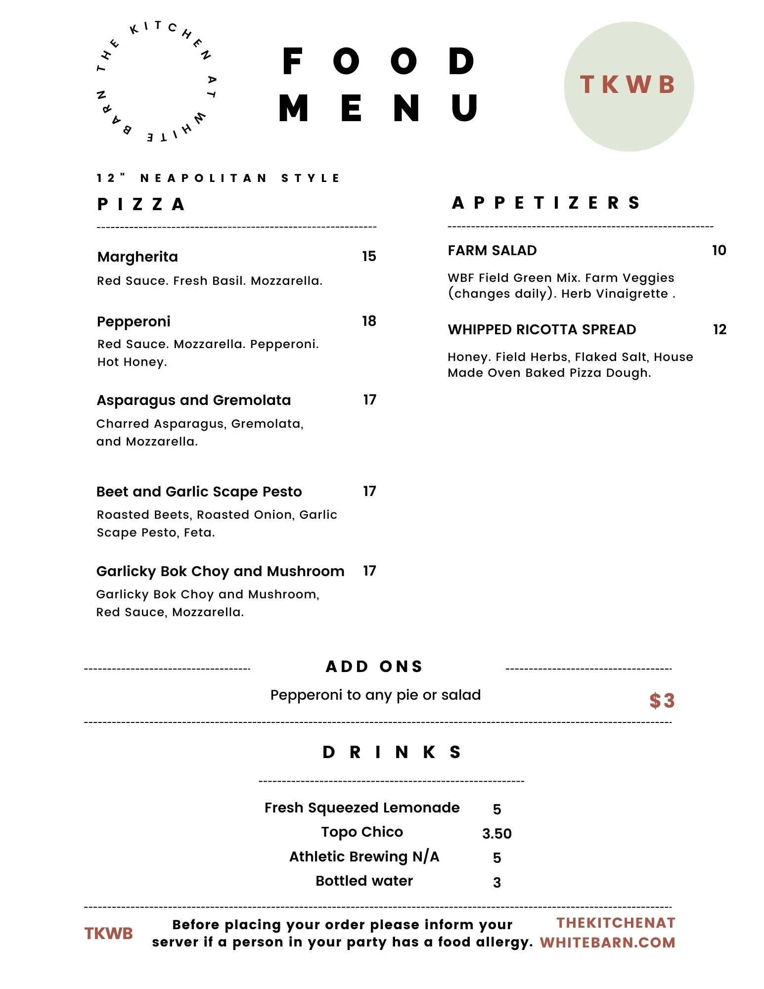 Menu — The Kitchen at White Barn