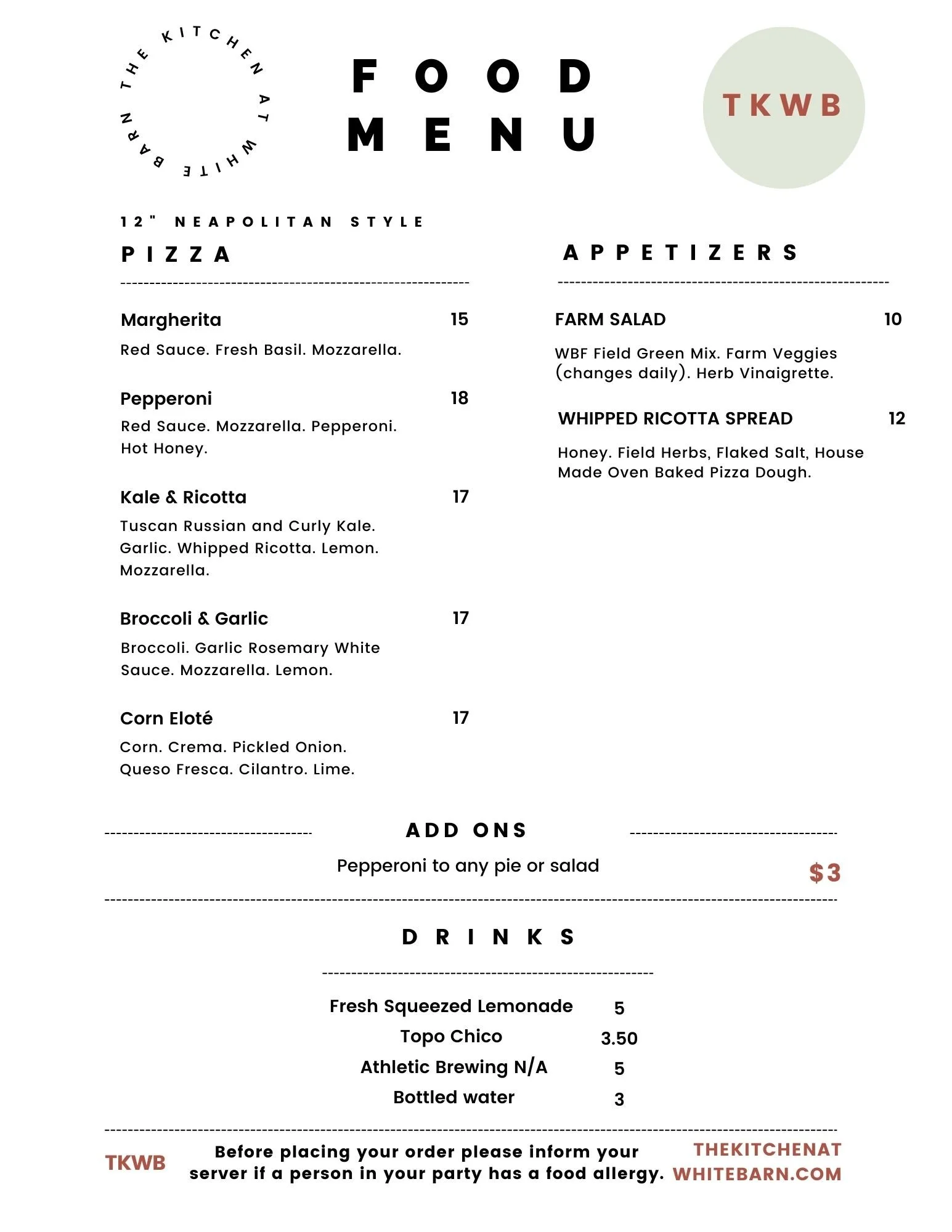 Menu — The Kitchen at White Barn
