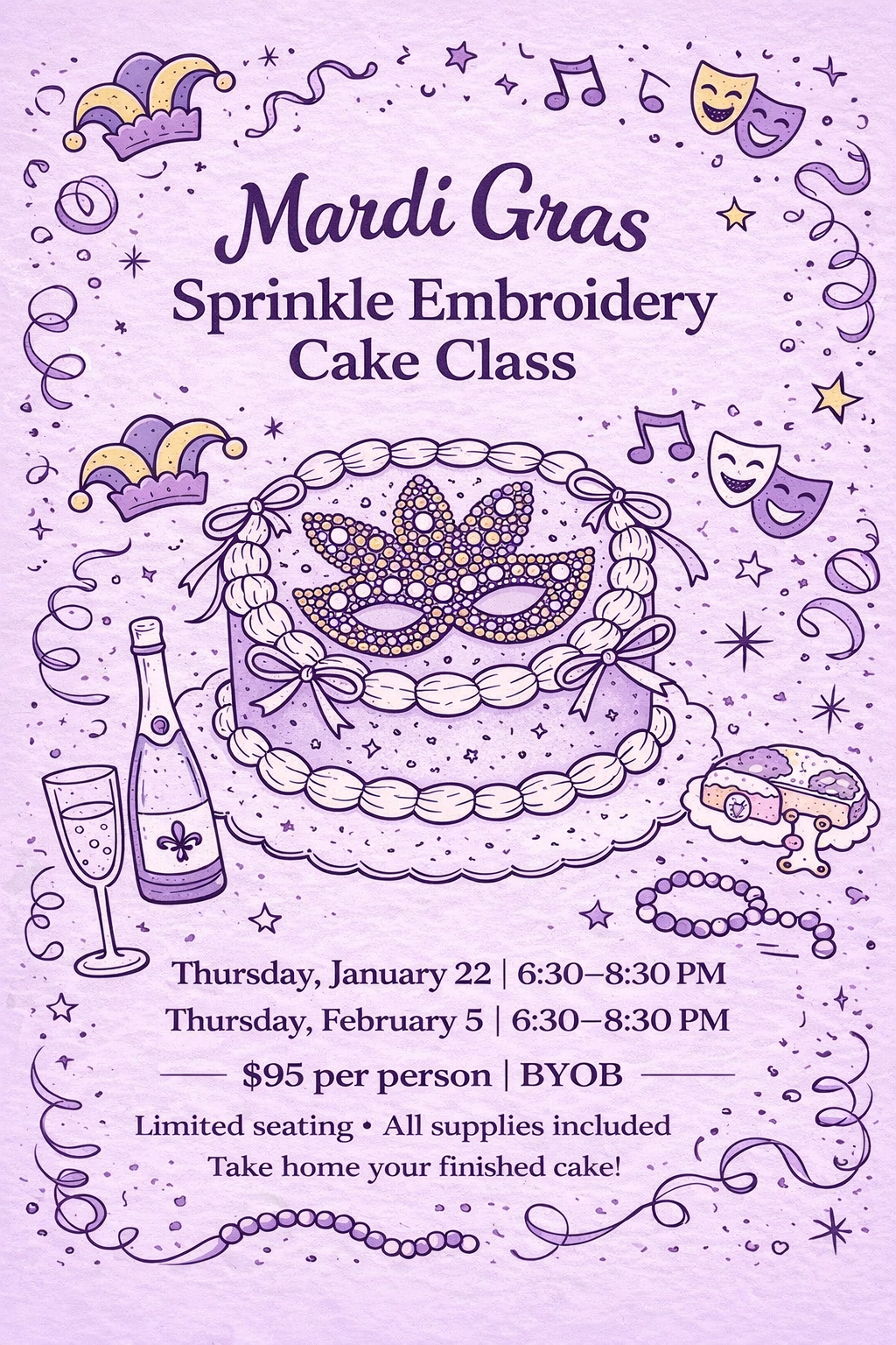 Mardi Gras Sprinkle Embroidery Cake Class - 1/22 & 2/5 — Jenny's Cake ...