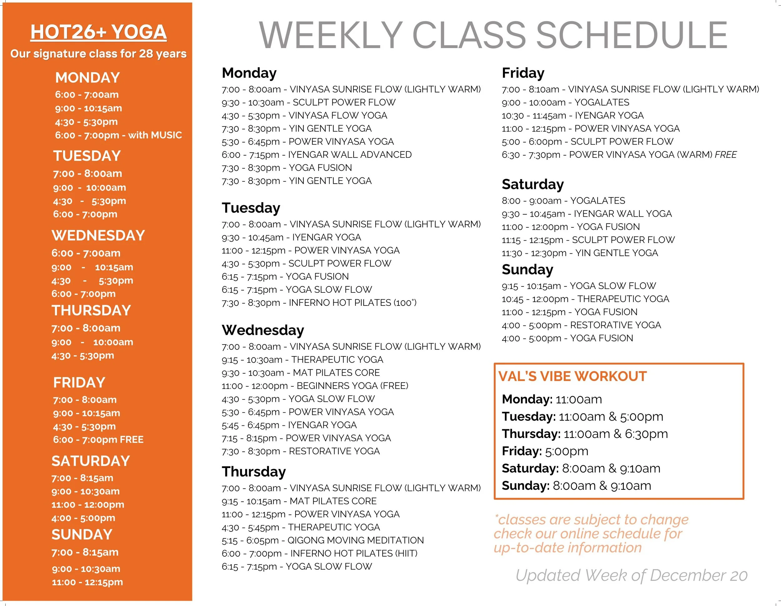 Printed Schedule — Yoga Health Center
