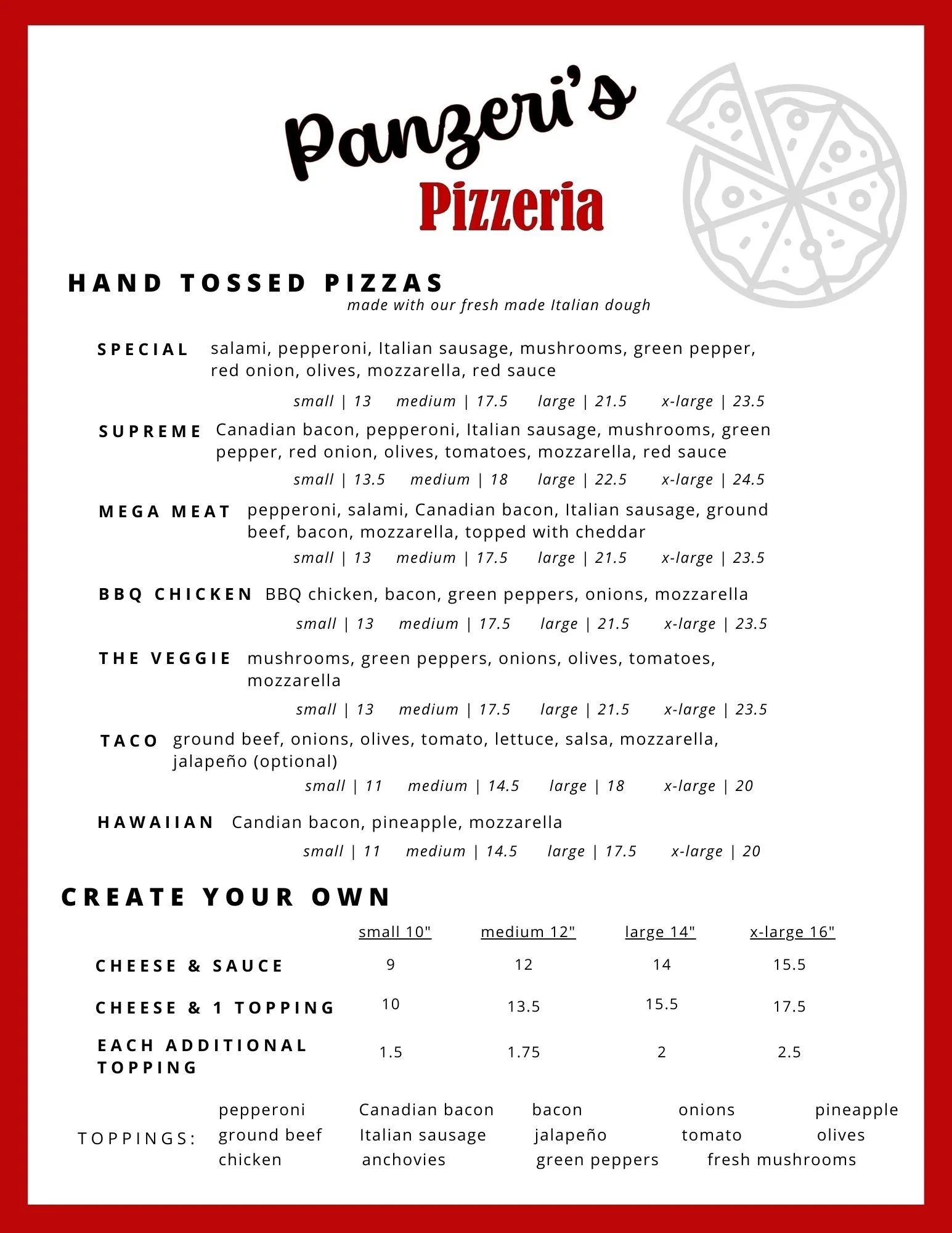 Menu — Panzeri's Pizza